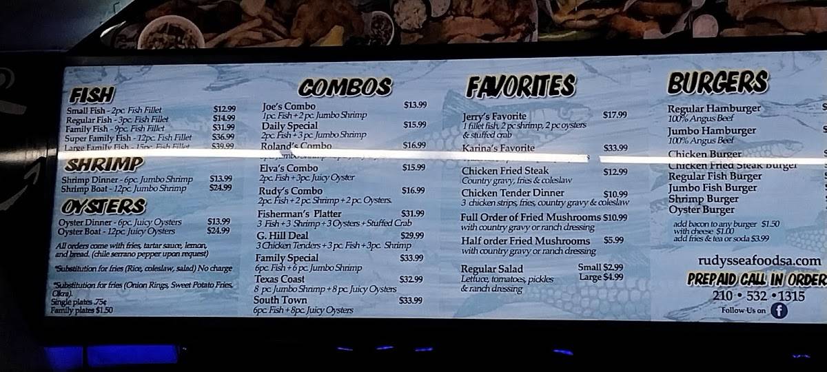 Menu at Rudy's Seafood restaurant, San Antonio