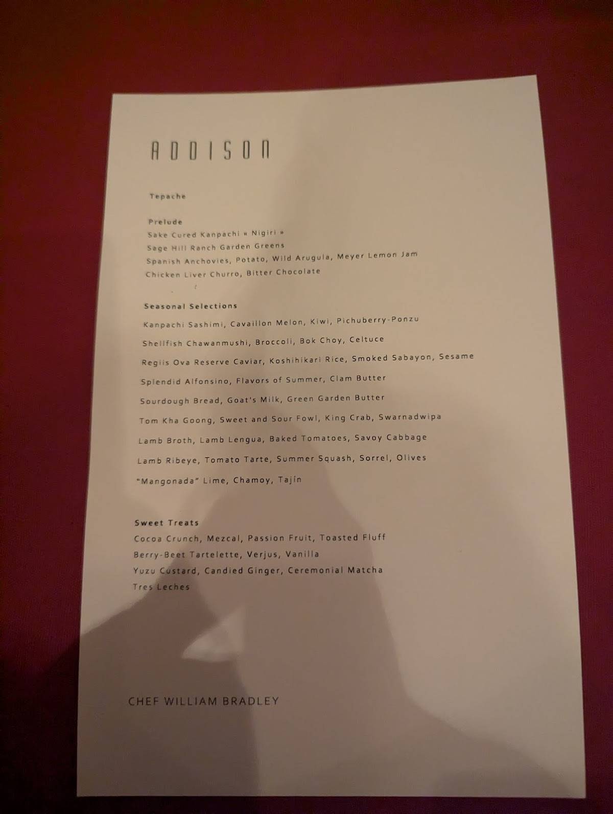 Menu at ADDISON restaurant, San Diego