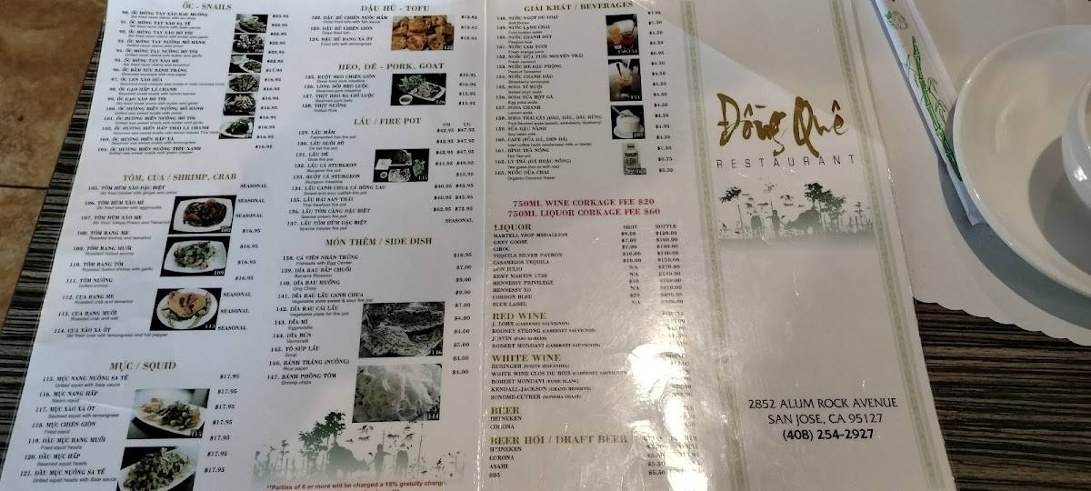 Menu at Dong Que Restaurant, San Jose, 2852 Alum Rock Ave