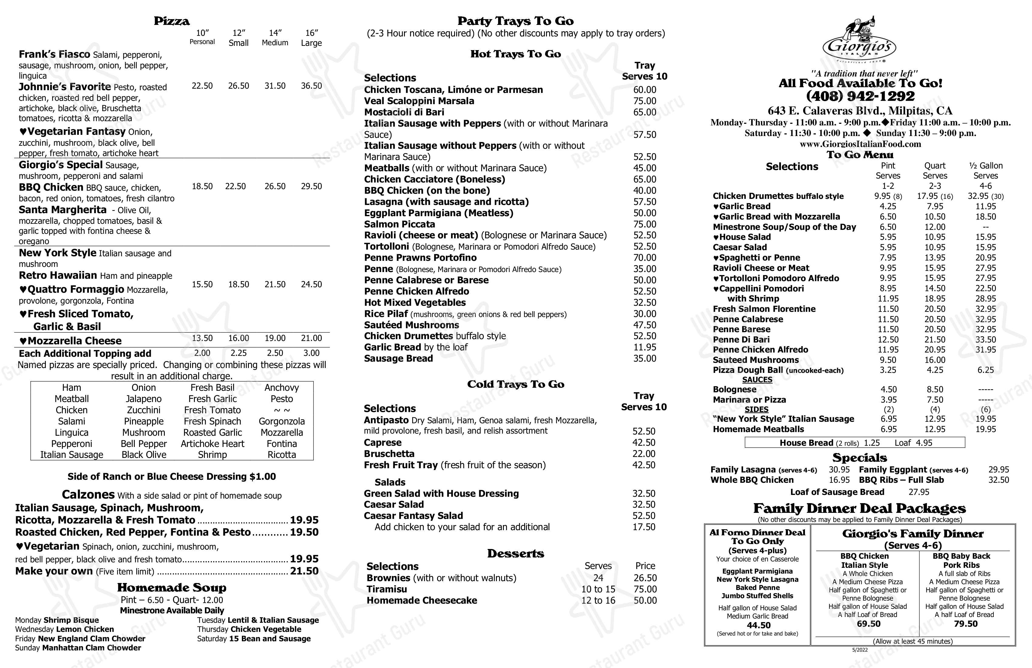 Menu at Giorgio's Italian Food and Pizzeria, San Jose