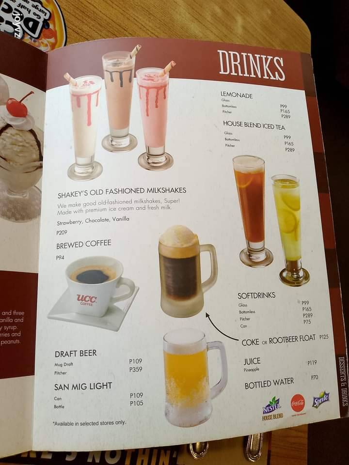 Menu at Shakey's Pizza Parlor restaurant, San Mateo, General Luna Street