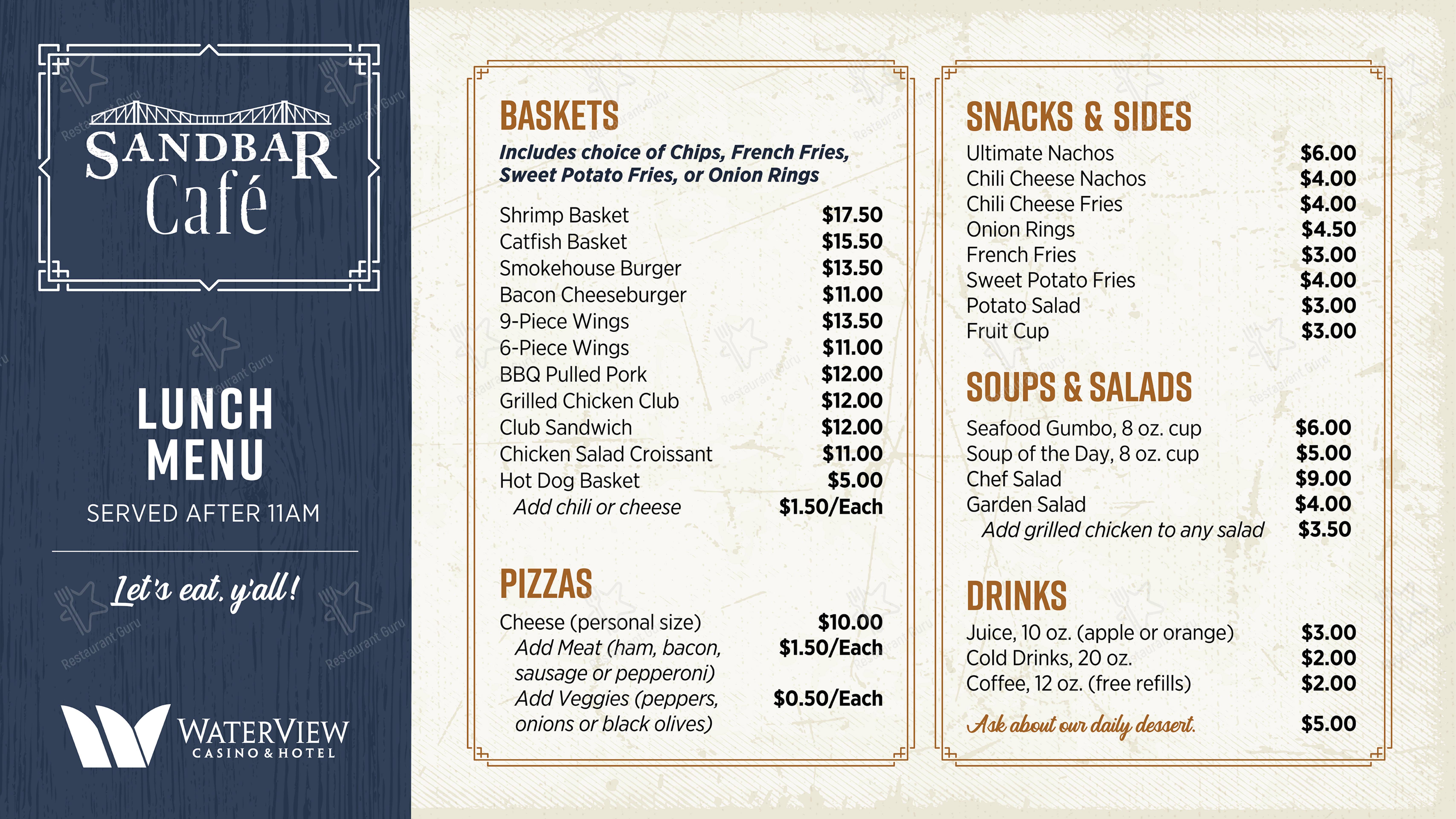 Menu at Sandbar Grill & Cafe, Vicksburg
