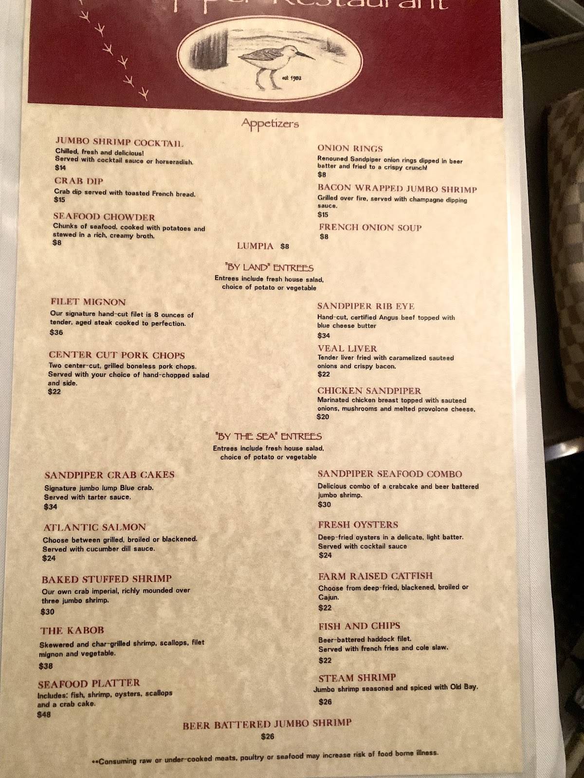 Menu at Sandpiper Restaurant, White Stone