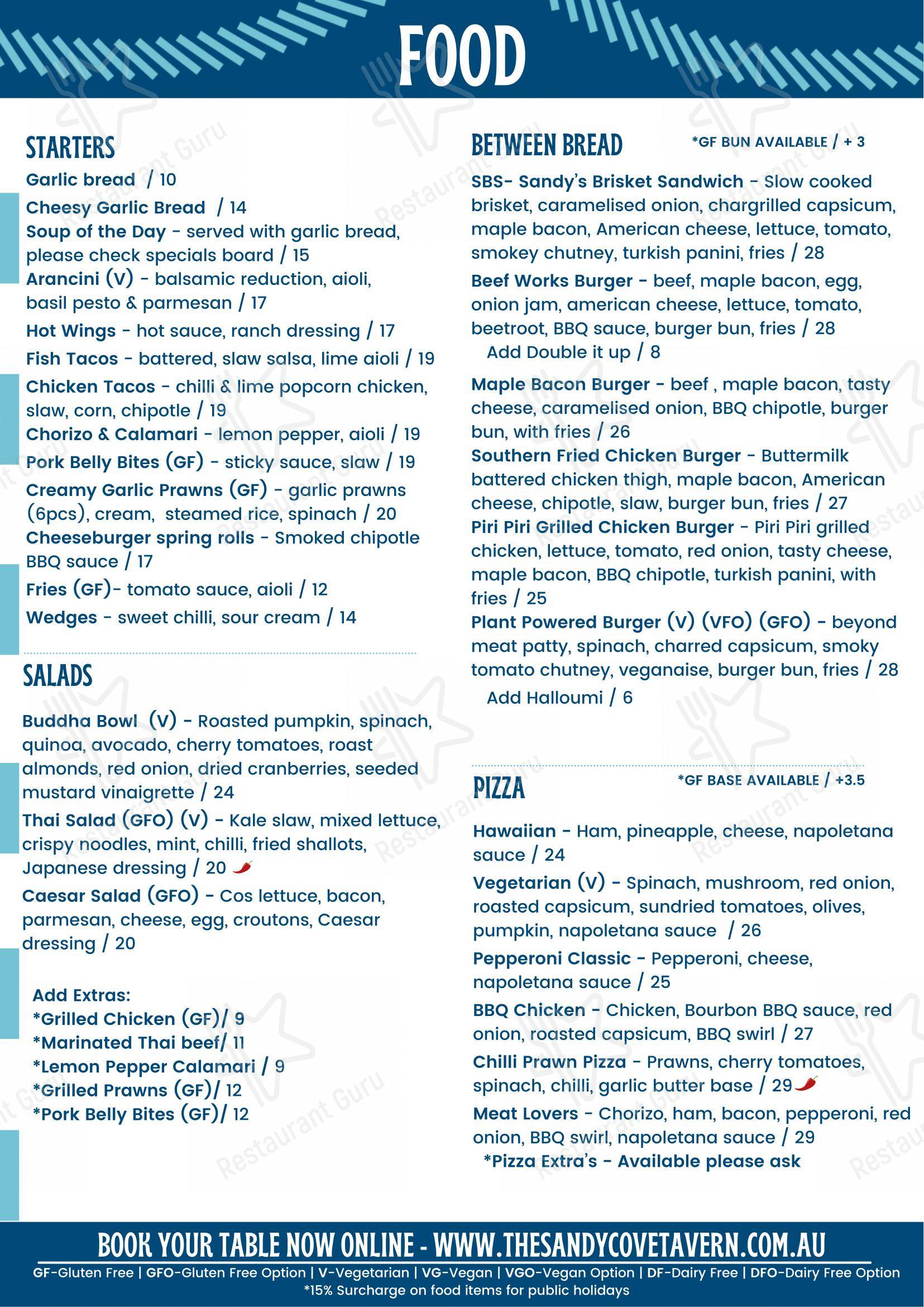 Menu at Sandy Cove Tavern pub & bar, South Yunderup, 146 S Yunderup Rd