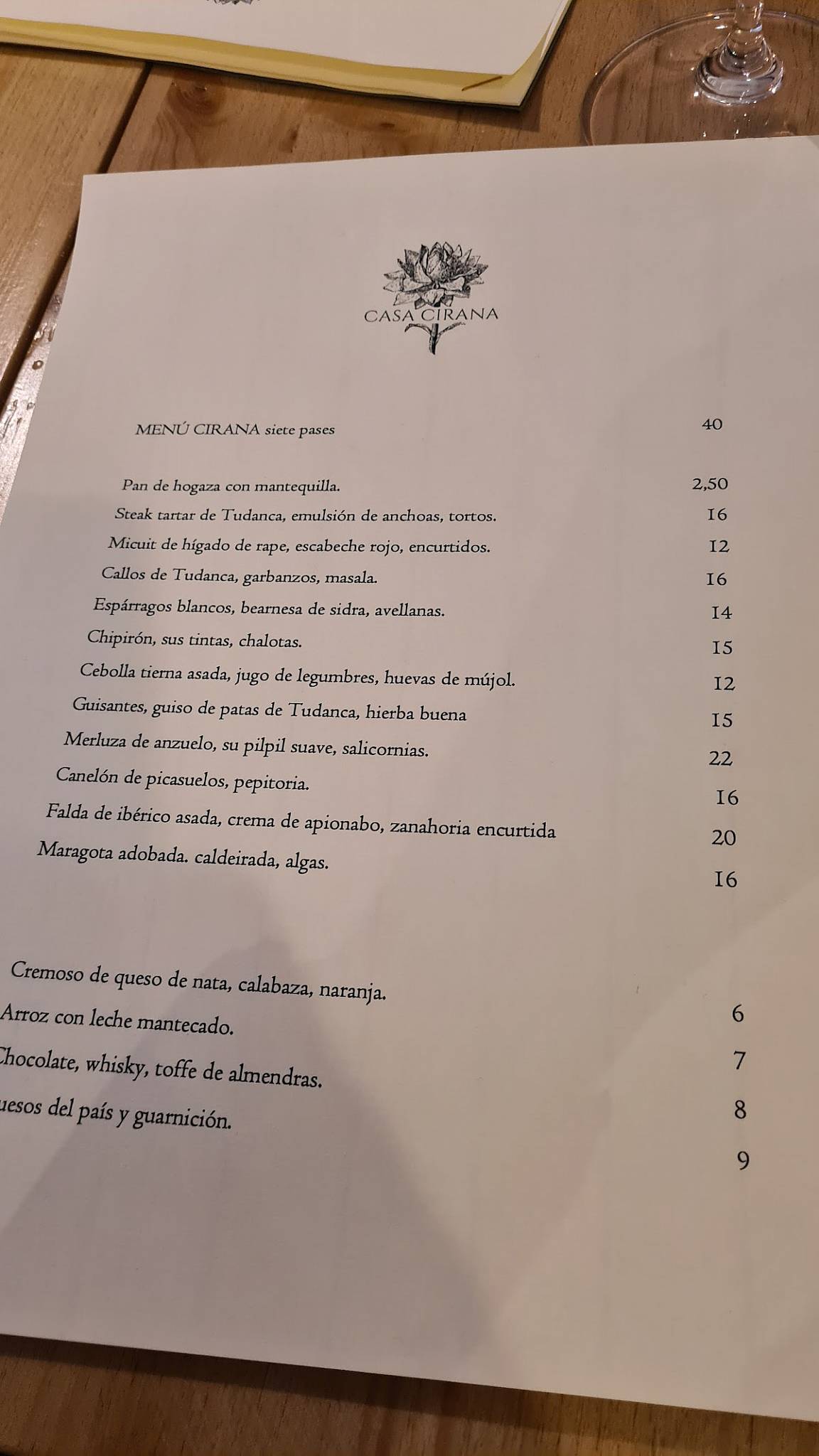 Carta de Casa Cirana restaurante, Santander
