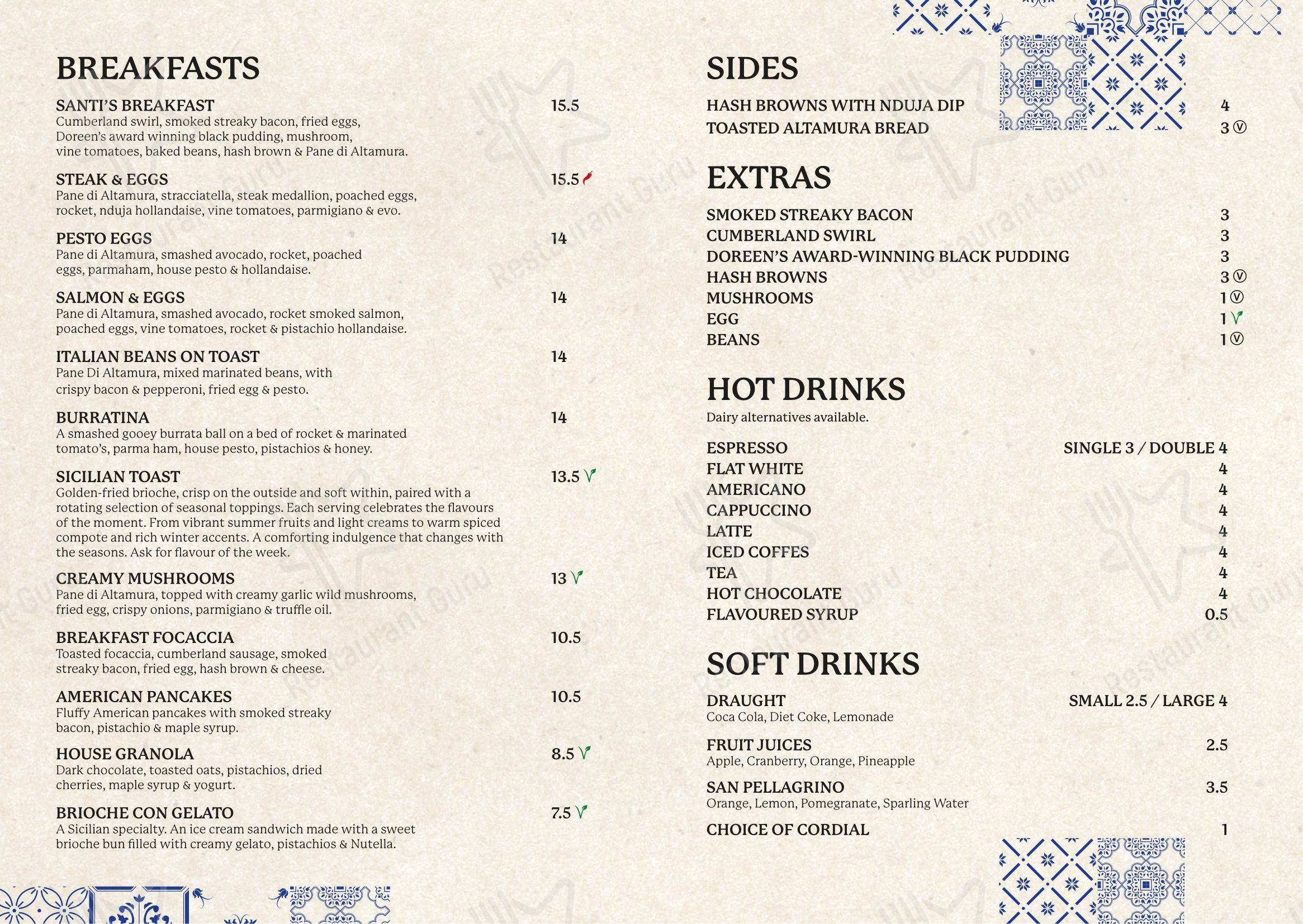 Menu at Santi’s Southern Italian Bar & Kitchen, Hull, 13a Wilson St