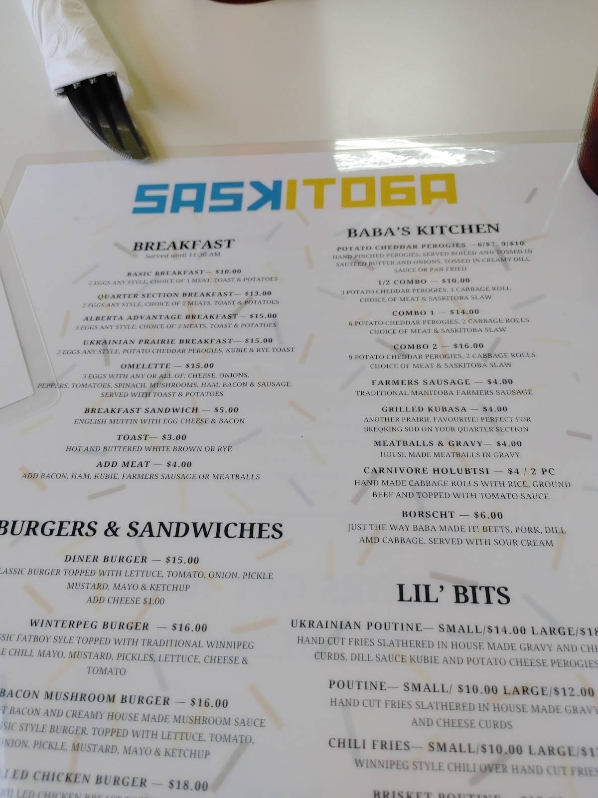 Menu at Saskitoba restaurant, Nisku