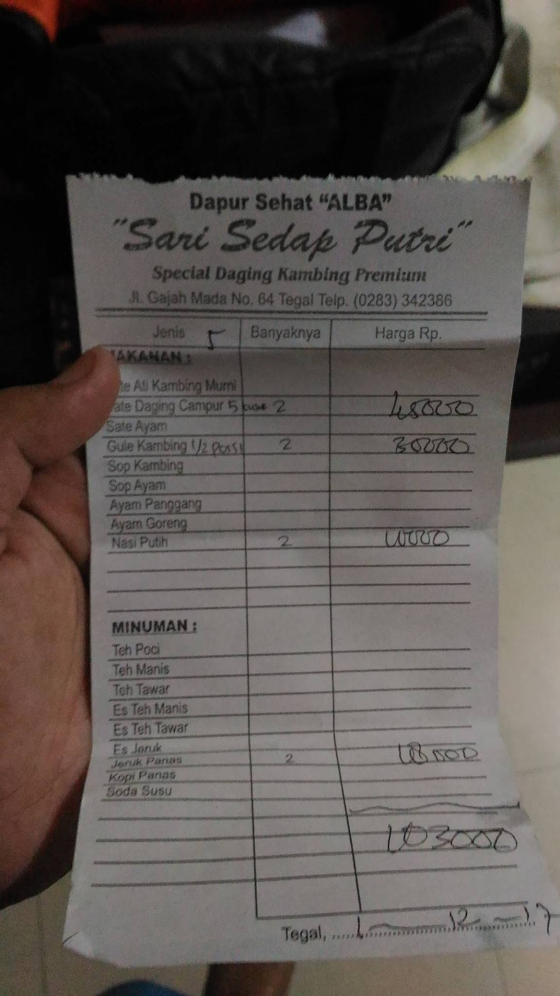 Menu at Sate Kambing Sari Sedap Putri restaurant, Tegal