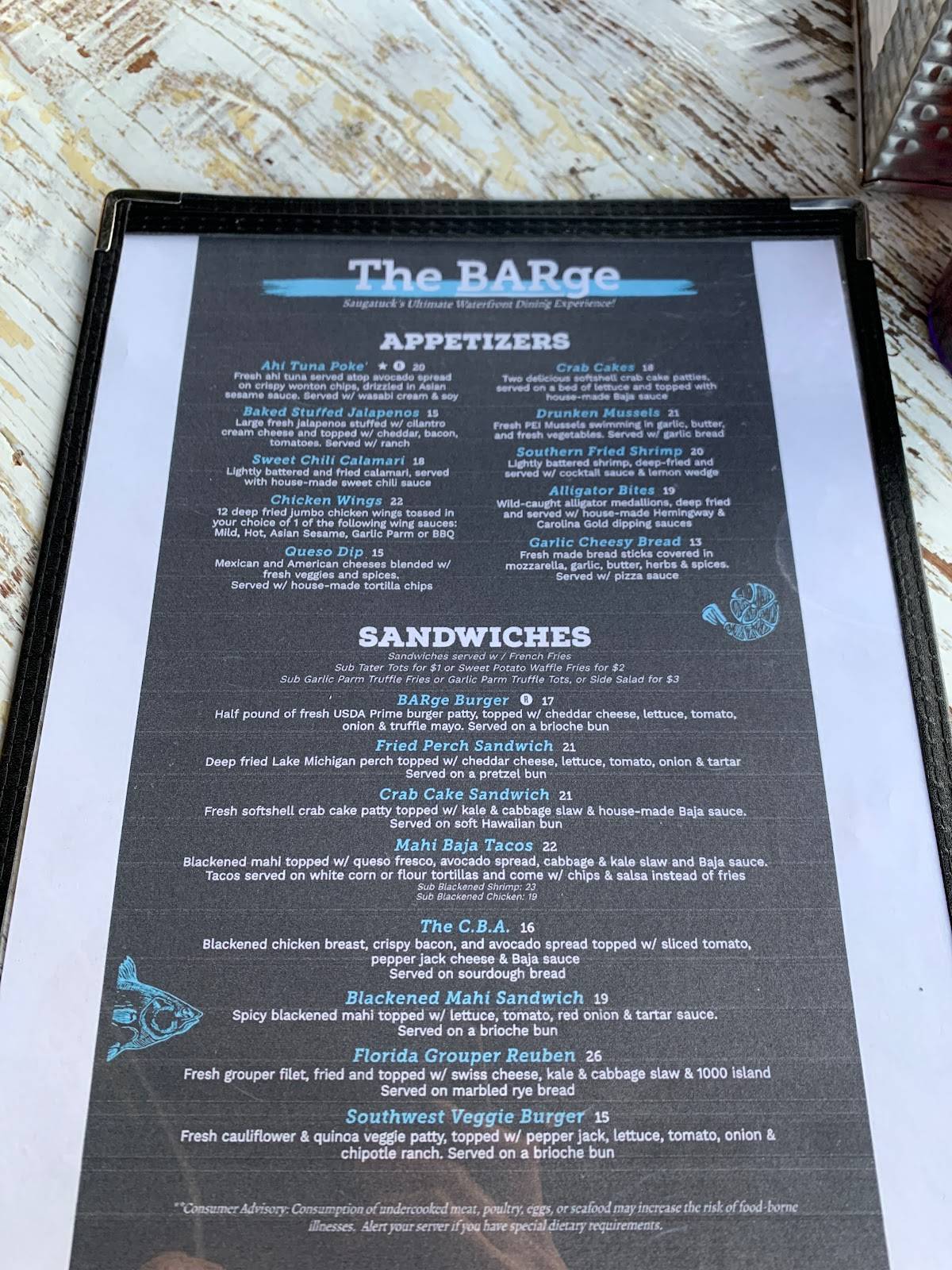 Menu at The BARge, Saugatuck
