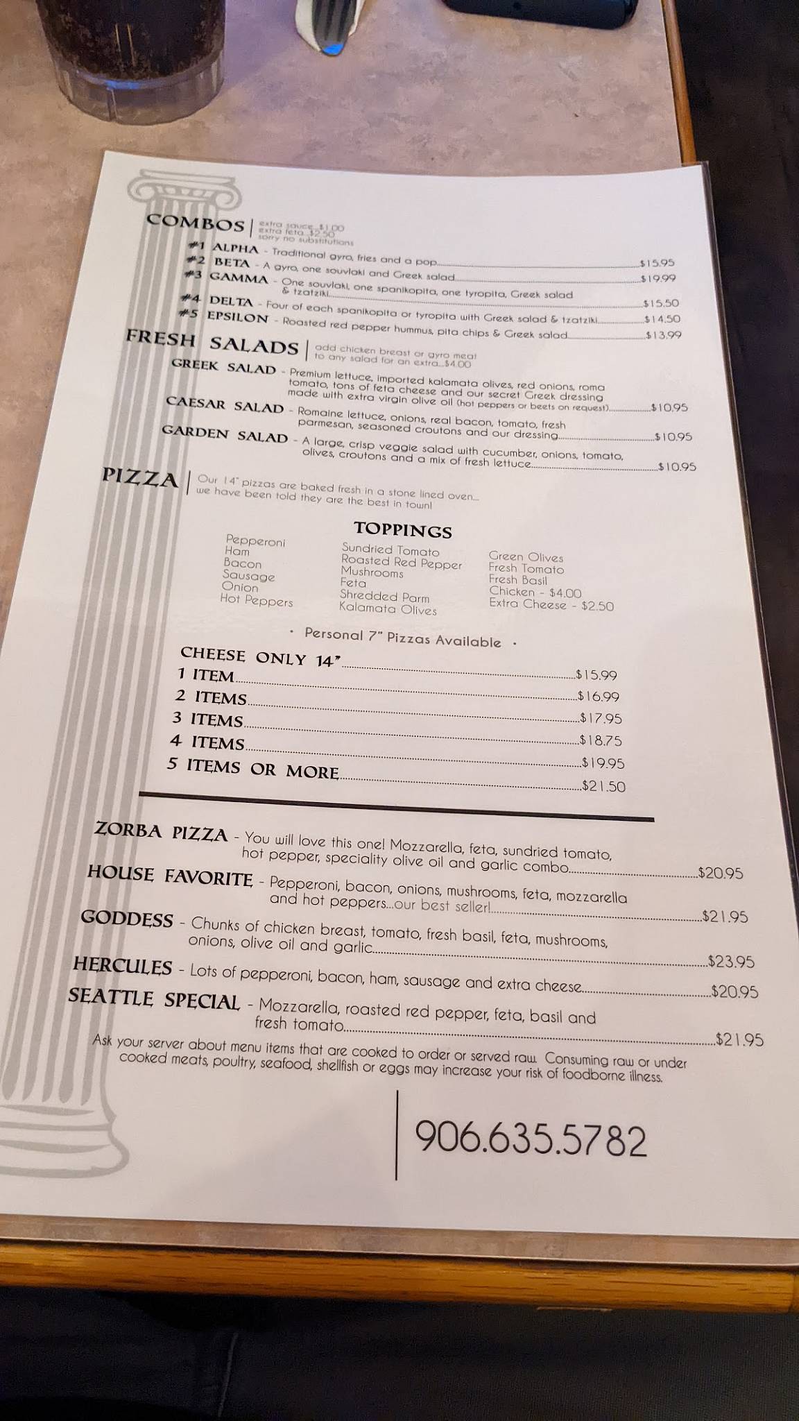 Menu at Zorba’s restaurant, Sault Ste. Marie