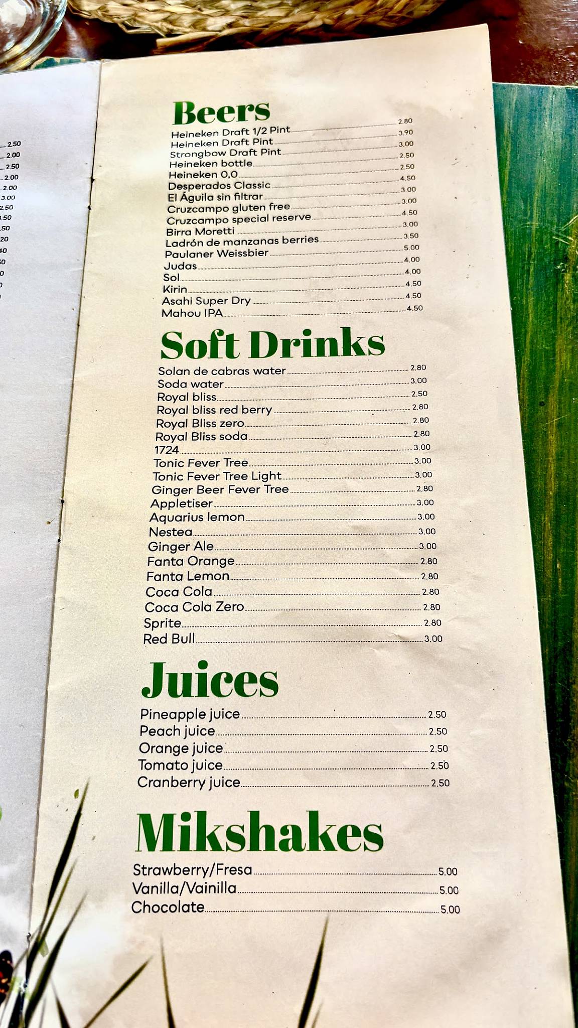Menu at Savage Tenerife restaurant, Playa de las Américas