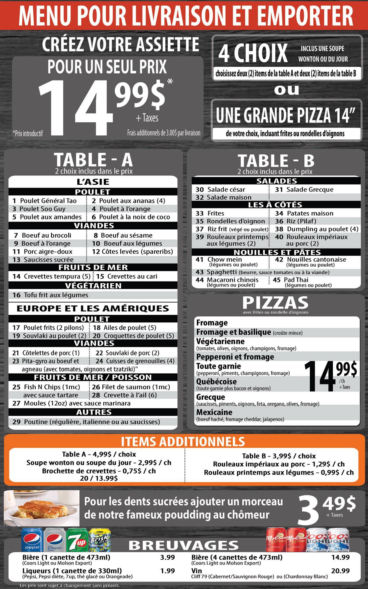 Menu au Buffet des Continents restaurant, Brossard