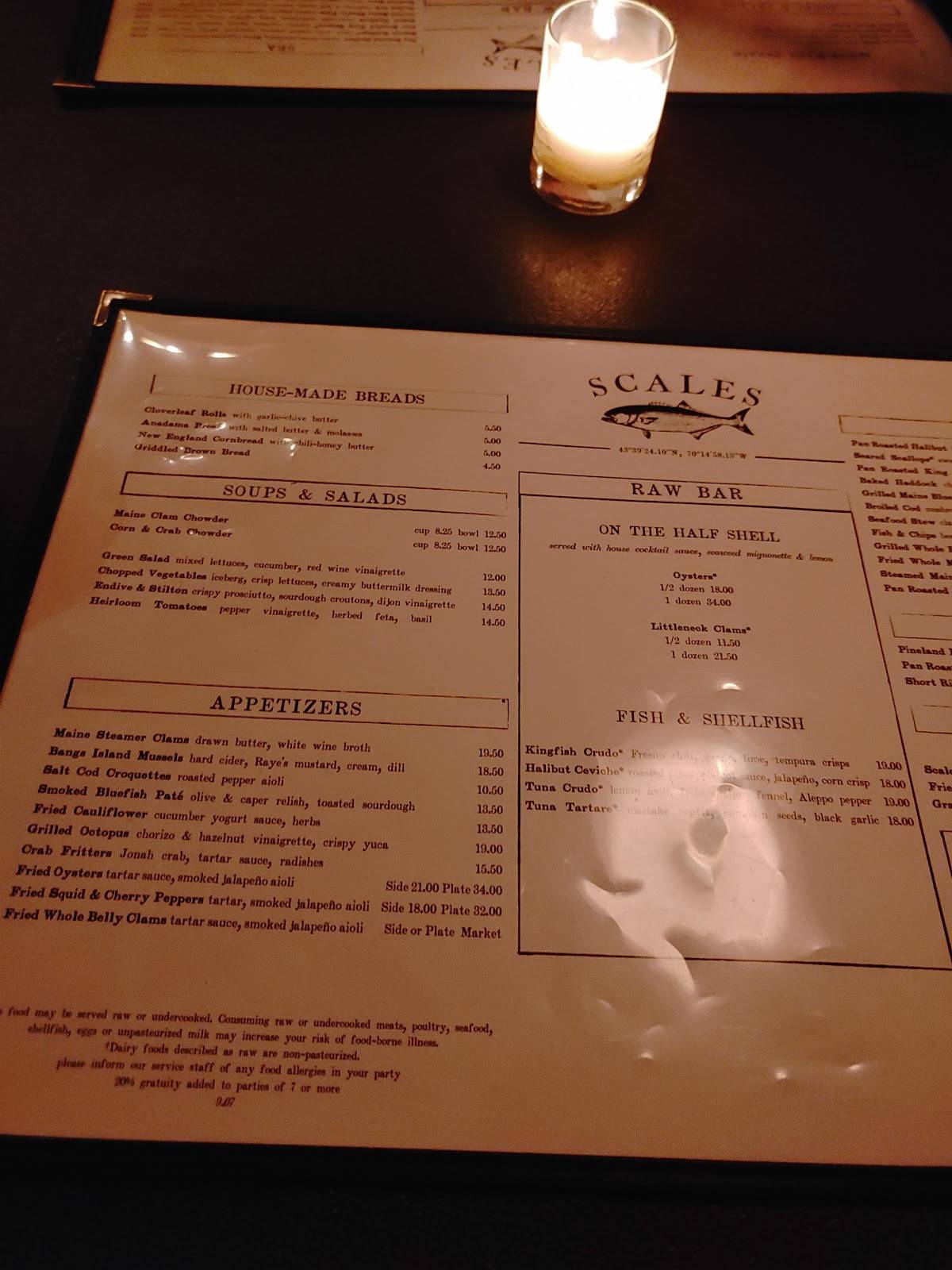 Menu at Scales restaurant, Portland, 68 Commercial St