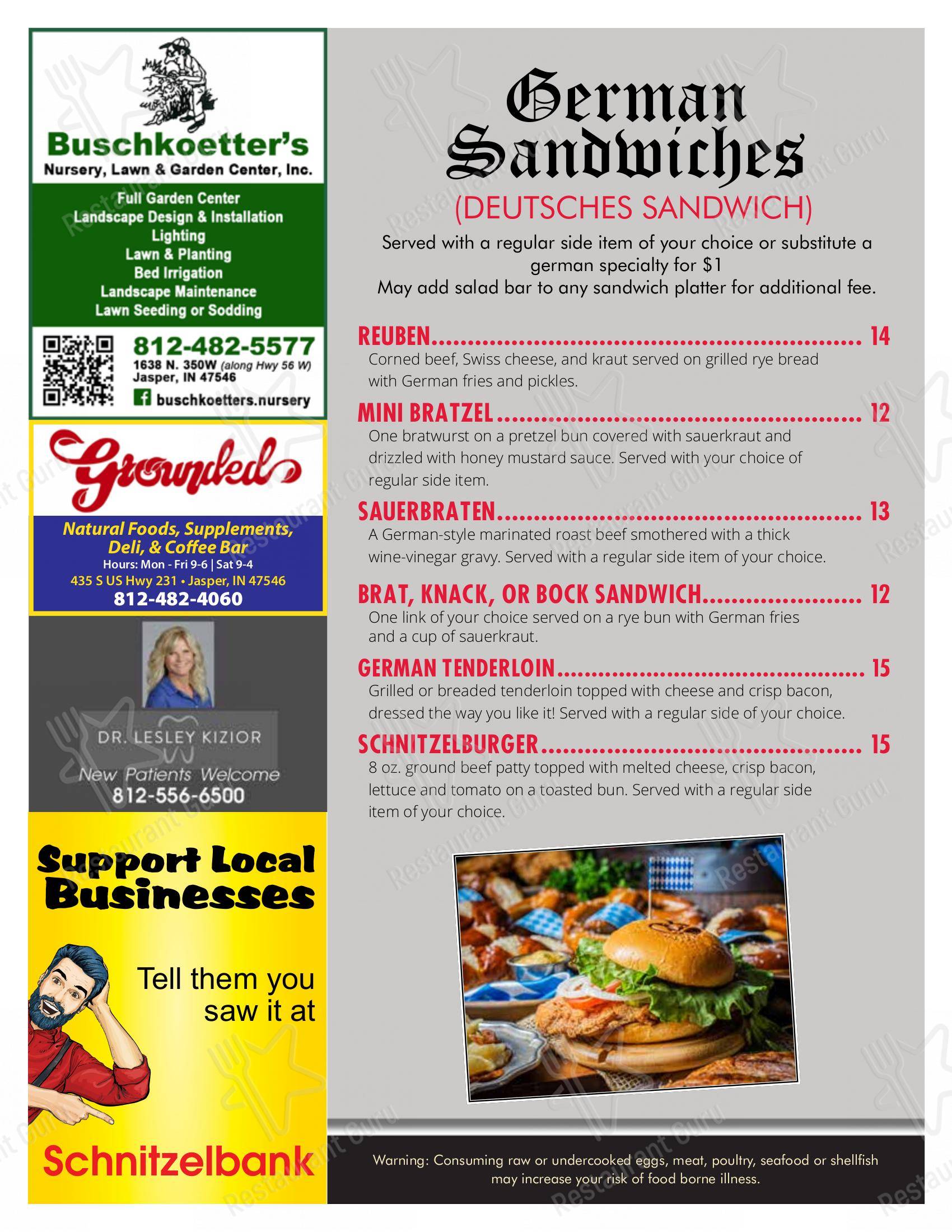 Menu at Schnitzelbank restaurant, Jasper