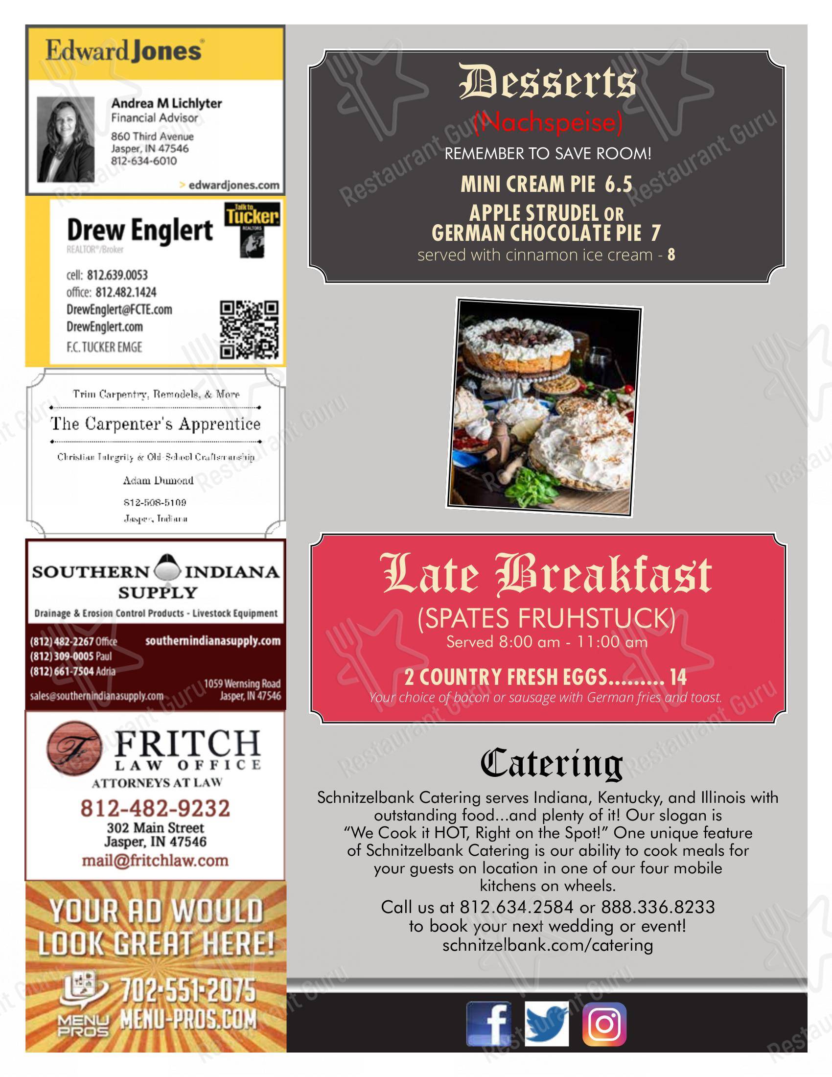 Menu at Schnitzelbank restaurant, Jasper