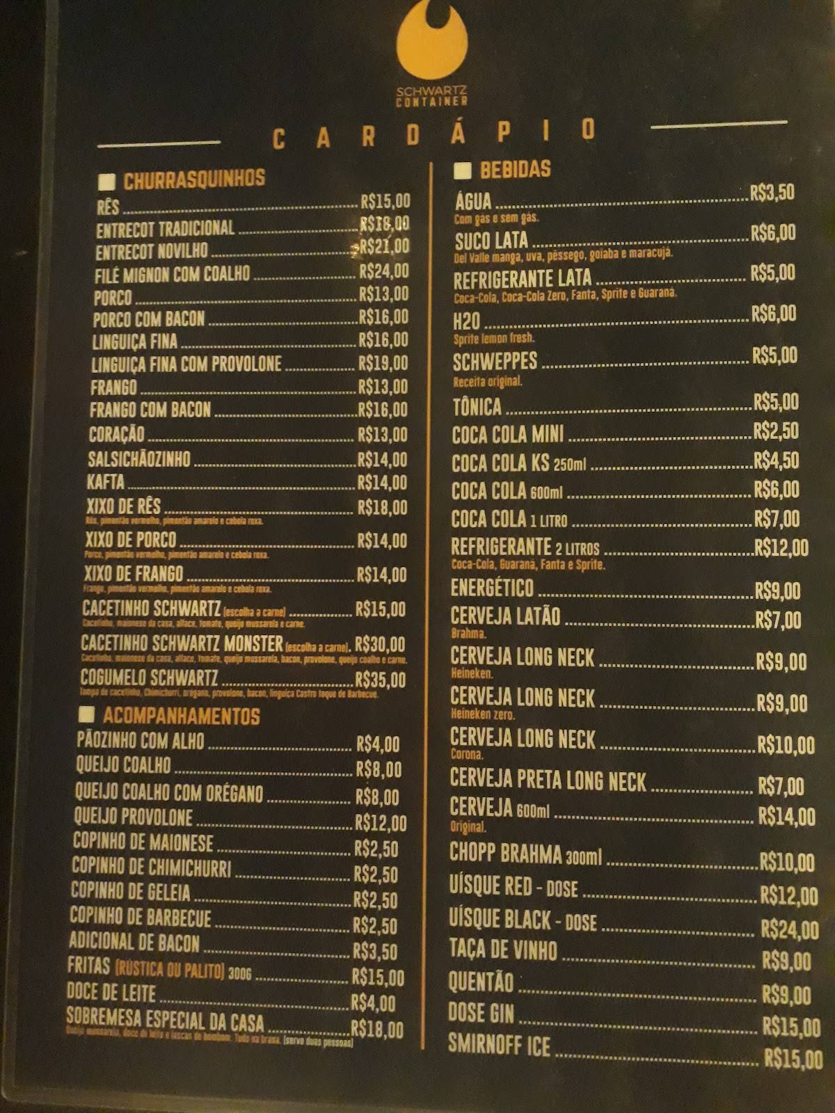 Menu at Schwartz Container restaurant, Pelotas