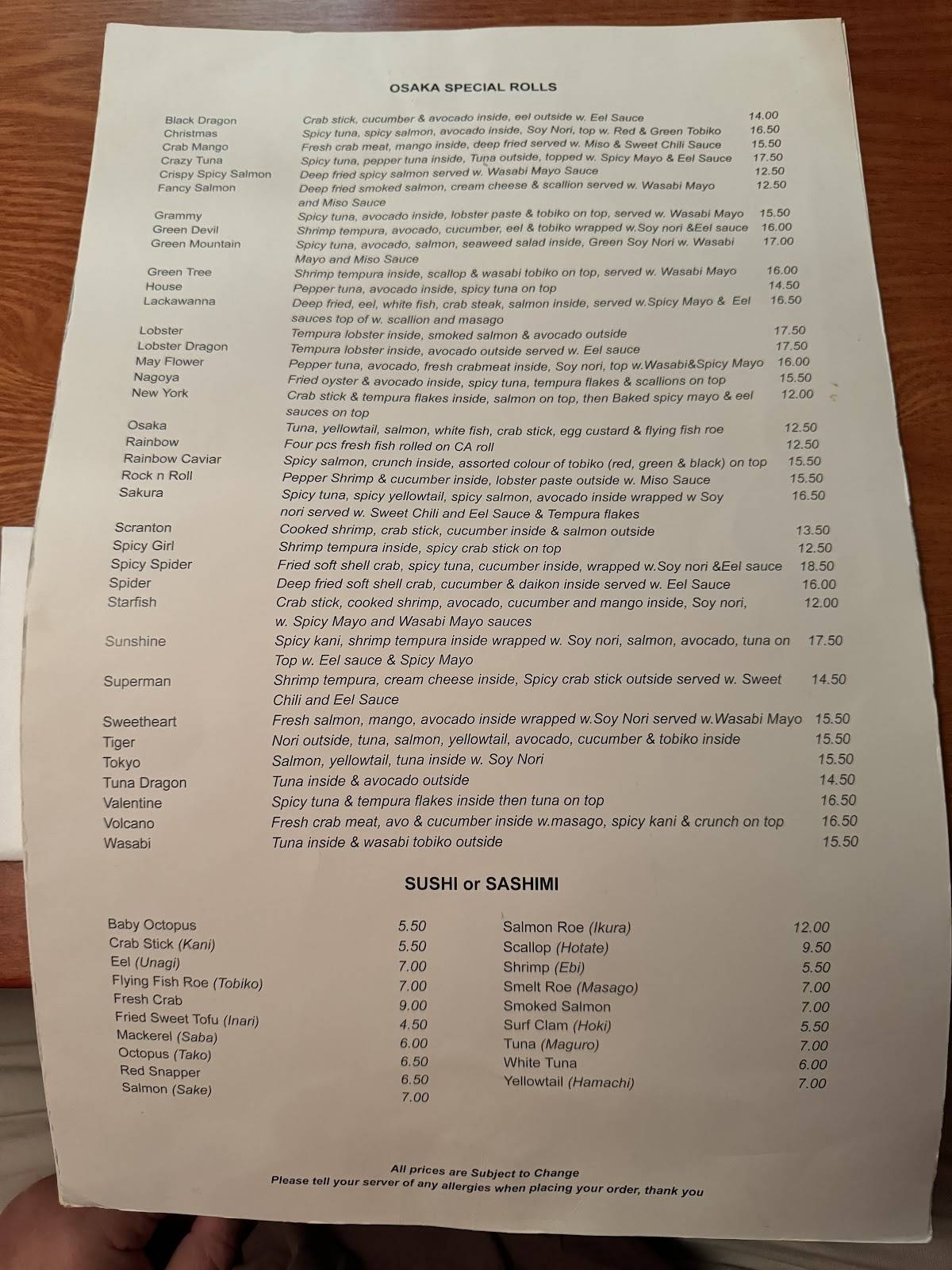Menu at Osaka restaurant, Scranton