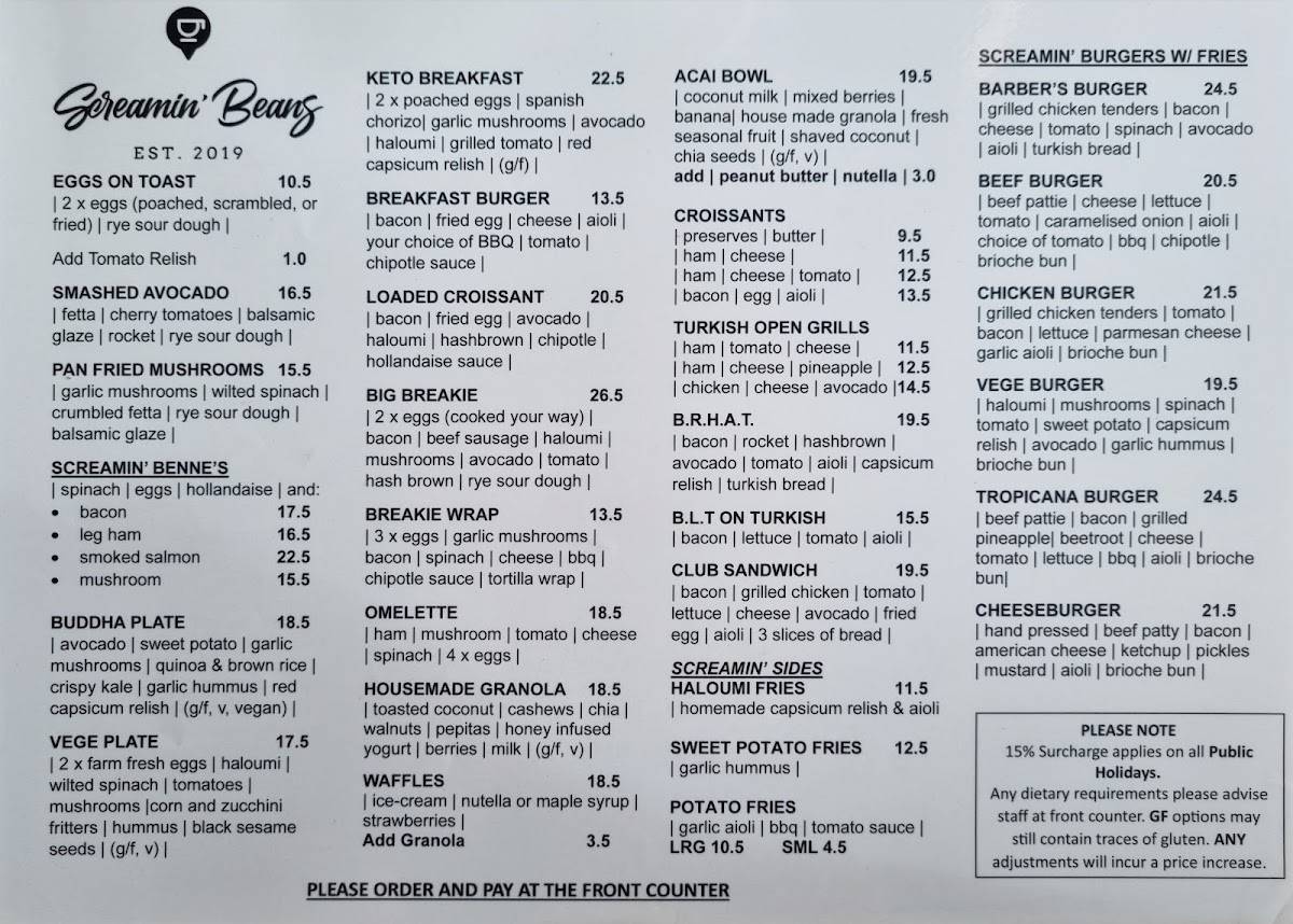 Menu at Screamin' Beans cafe, Springfield