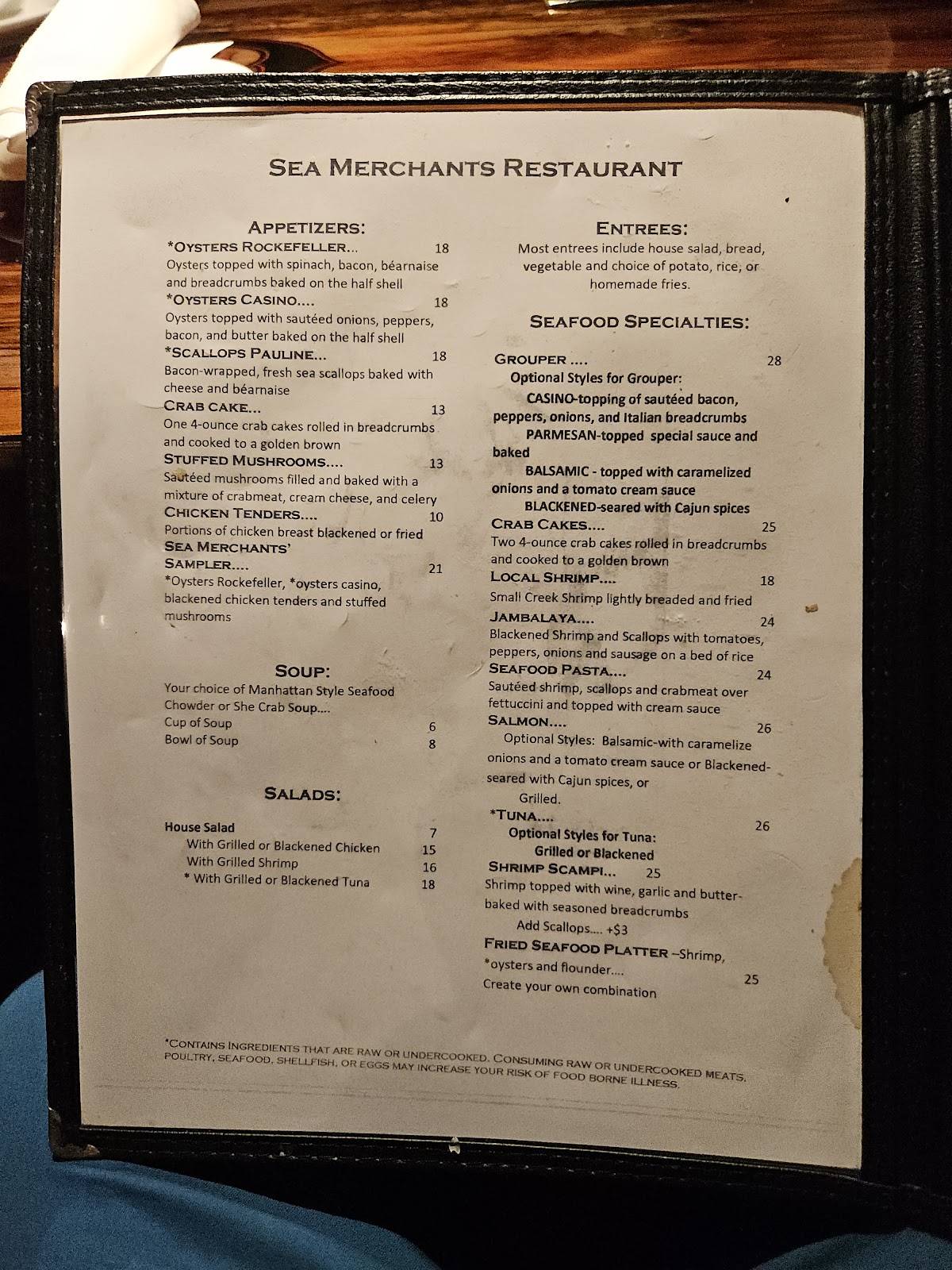 Menu at Sea Merchants Restaurant, North Myrtle Beach