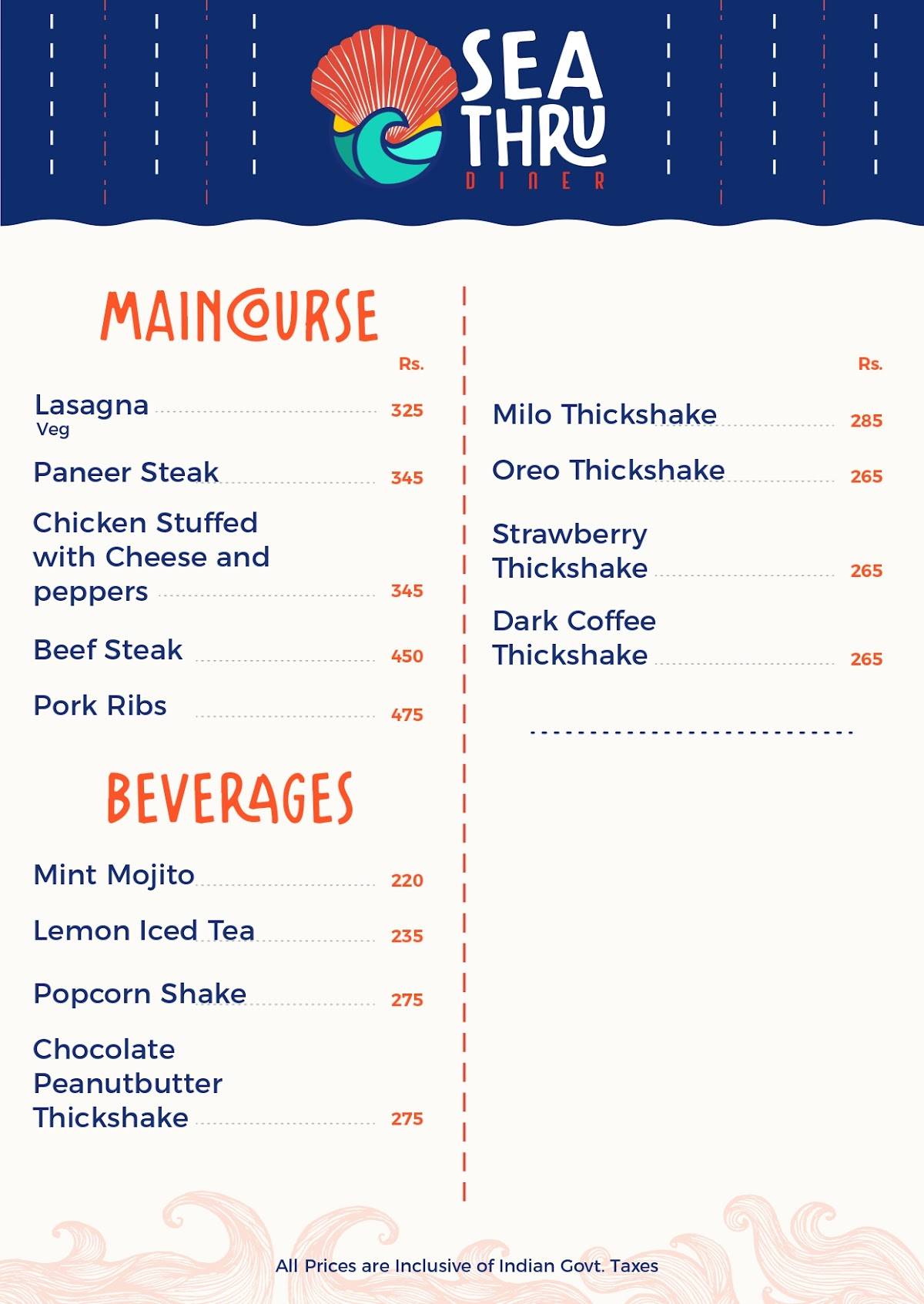 Menu at Sea Thru Diner, Chennai, Inside VGP Universal Kingdom