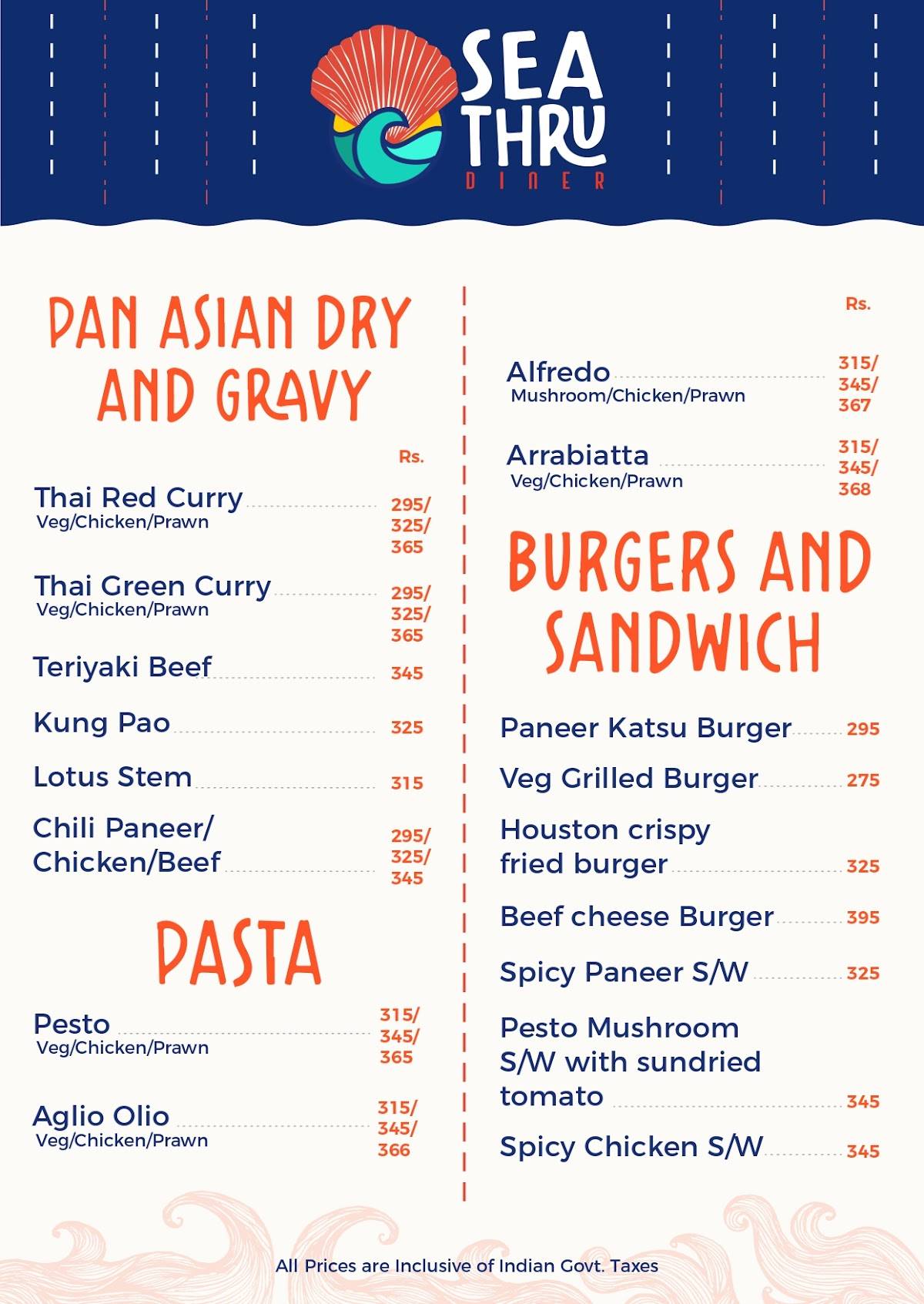 Menu at Sea Thru Diner, Chennai, Inside VGP Universal Kingdom