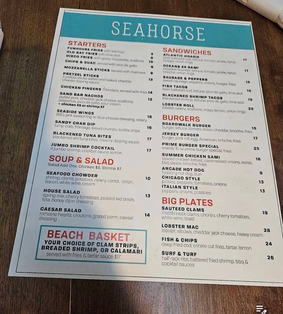 Menu at Seahorse pub & bar, Asbury Park