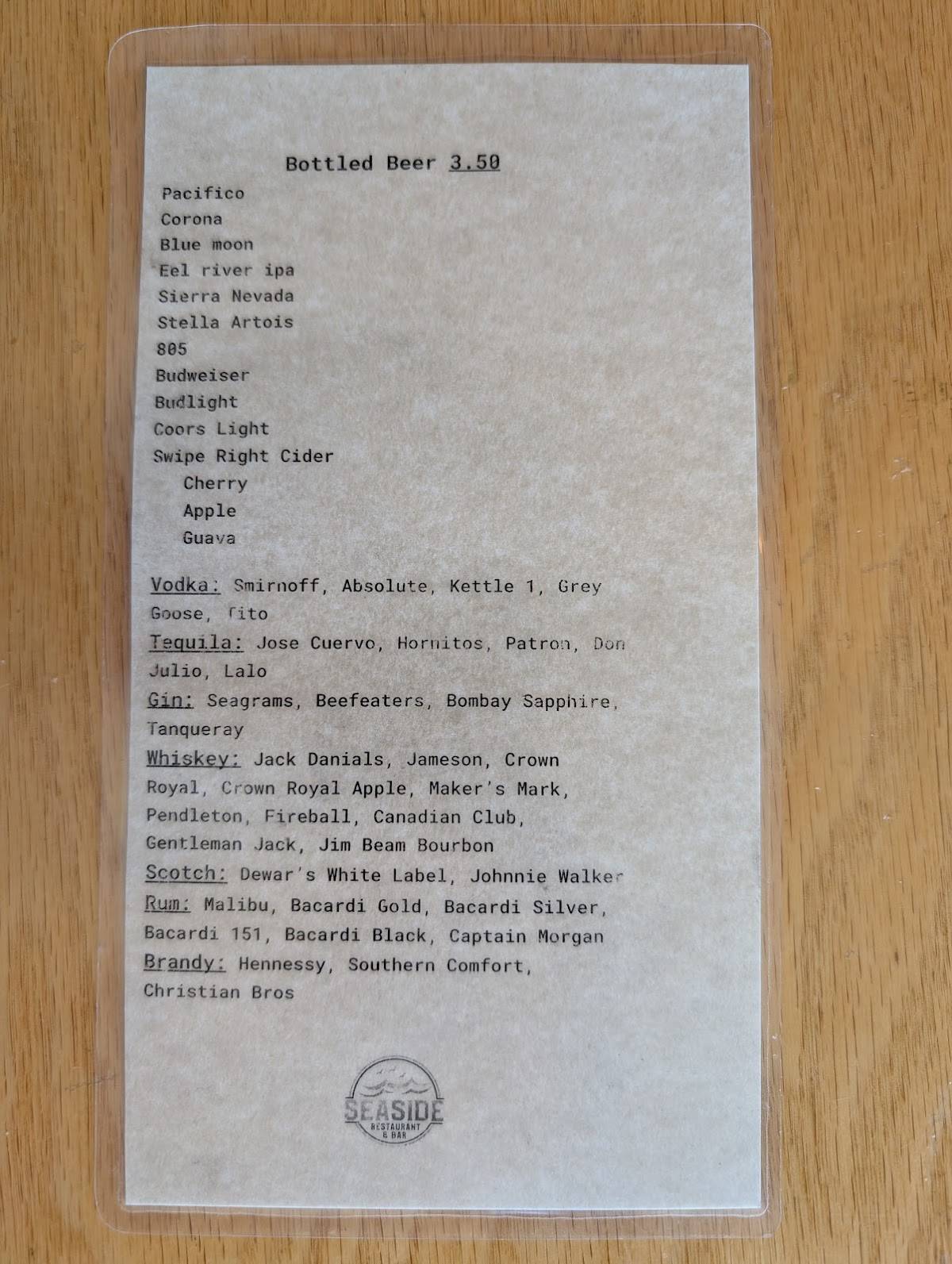 Menu at Seaside Restaurant & Bar, Crescent City