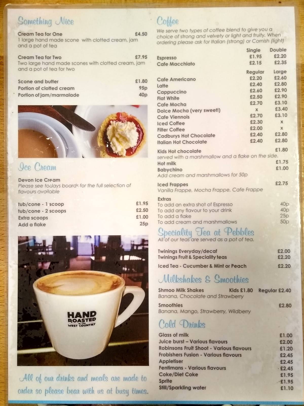Menu at Pebbles Coffee House, Seaton