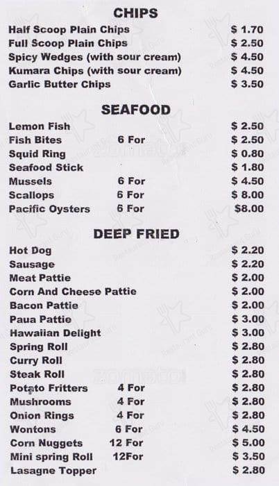 Menu at Seaview Rd Fisheries restaurant, Christchurch