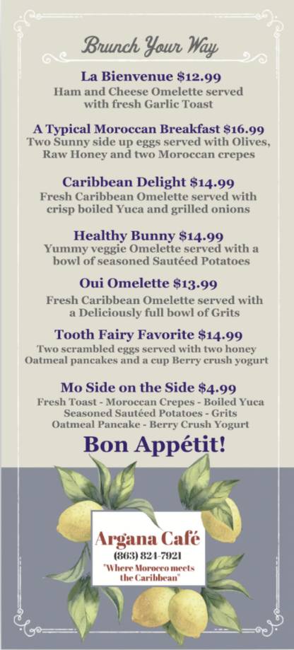 Menu at Argana Café - Where Morocco meets the Caribbean restaurant, Sebring