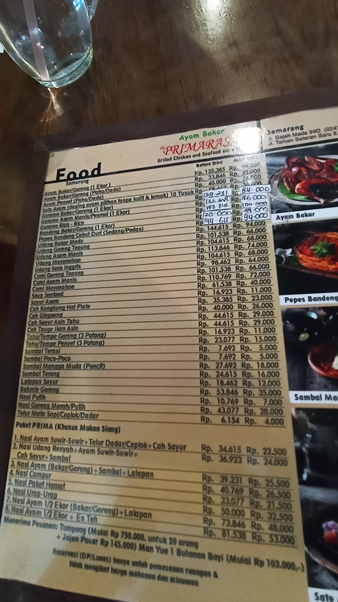 Carta del restaurante Ayam Bakar Primarasa, Semarang, Jl. Gajahmada No.99D