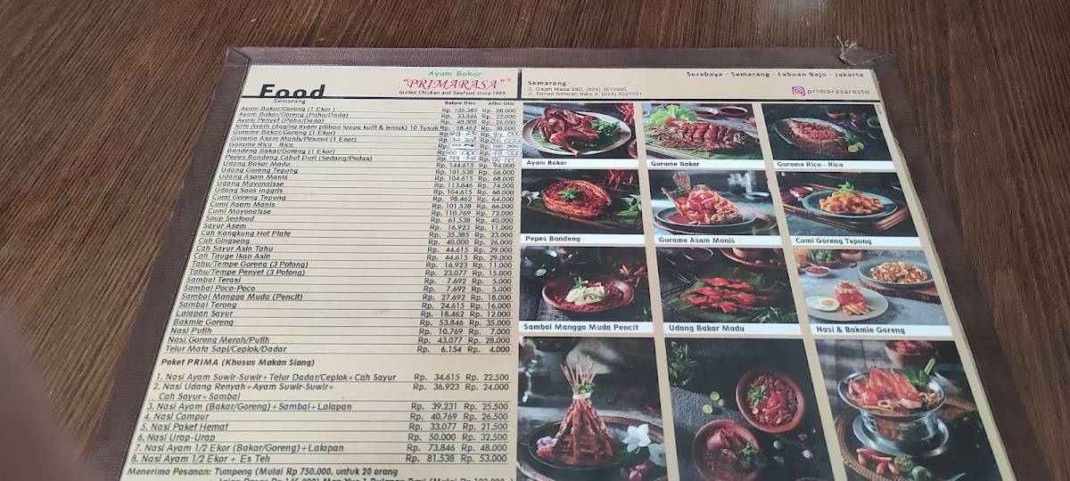 Carta del restaurante Ayam Bakar Primarasa, Semarang, Jl. Gajahmada No.99D