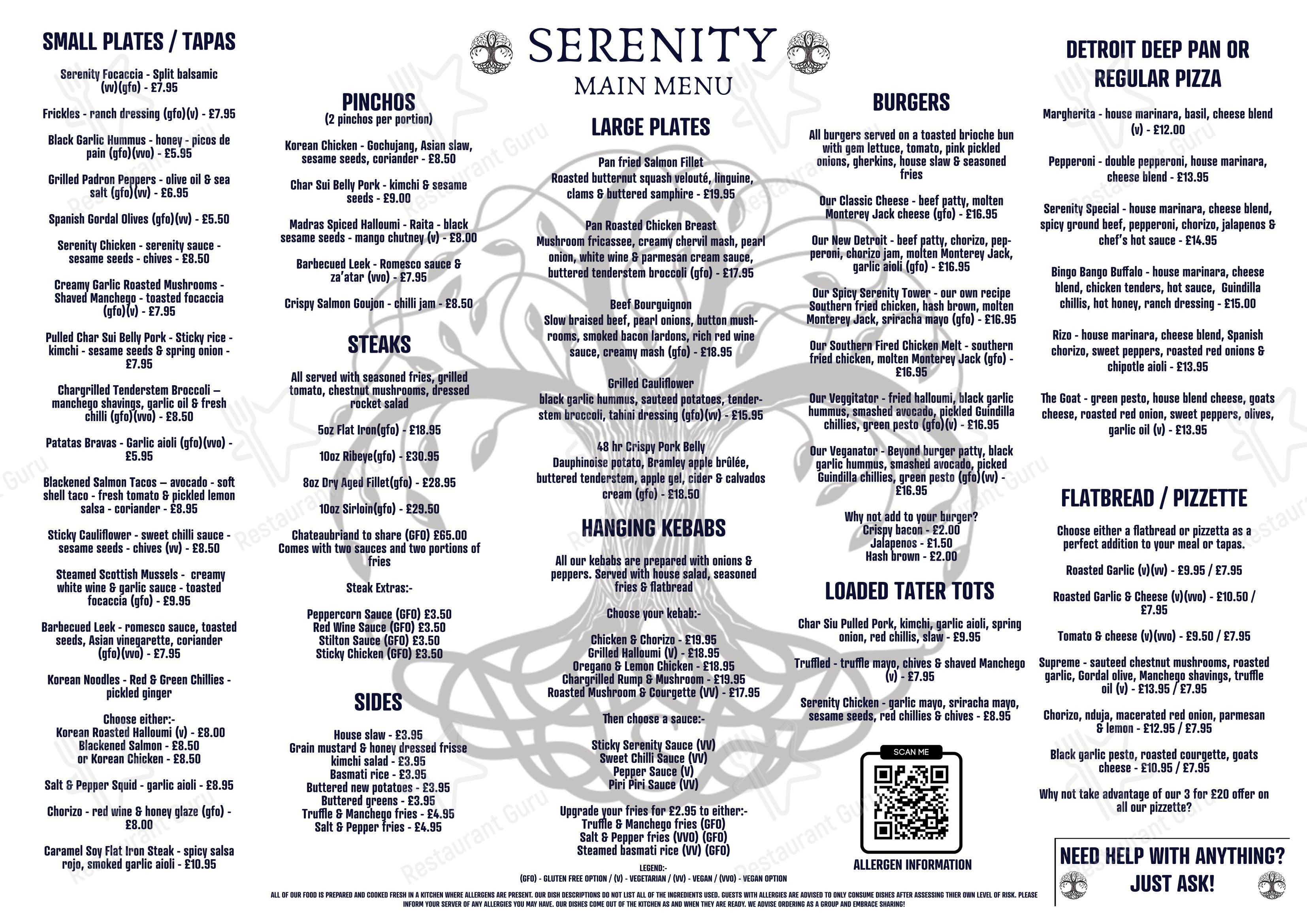Menu at Serenity restaurant, Mansfield