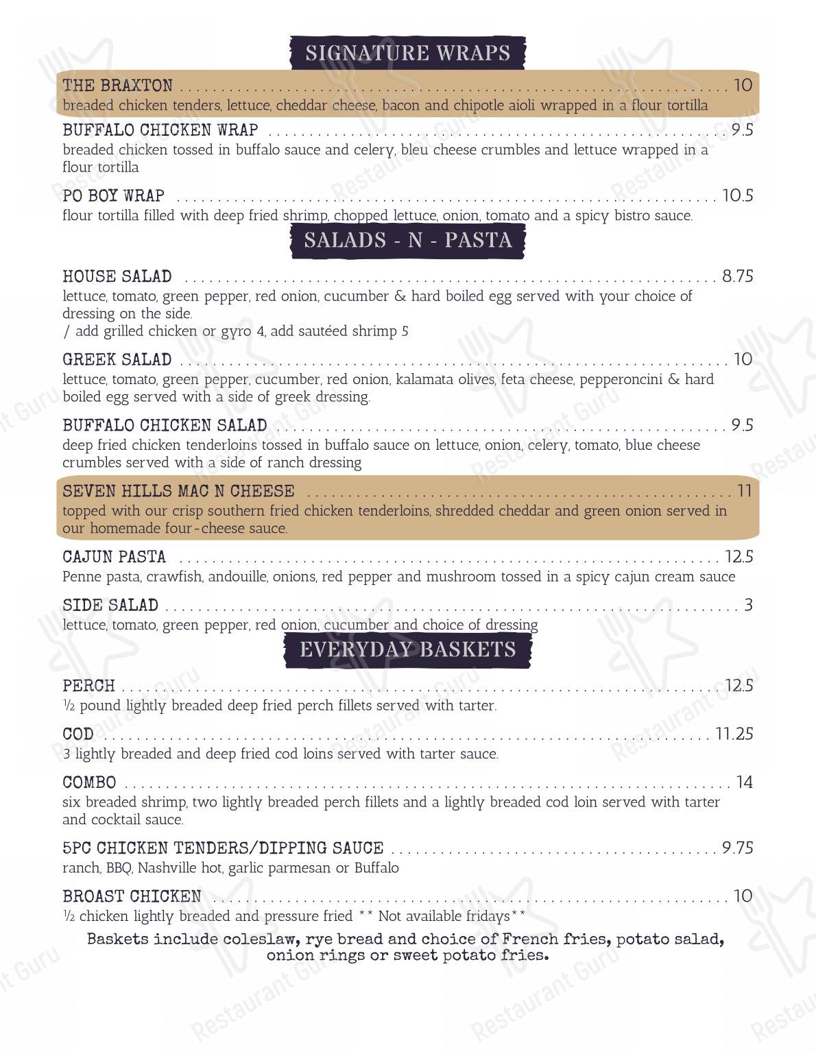 Menu at Seven Hills Pub & Grille, Port Washington