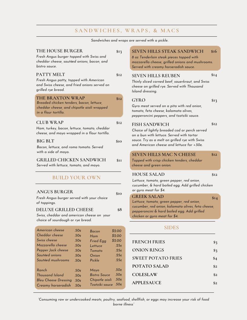 Menu at Seven Hills Pub & Grille, Port Washington