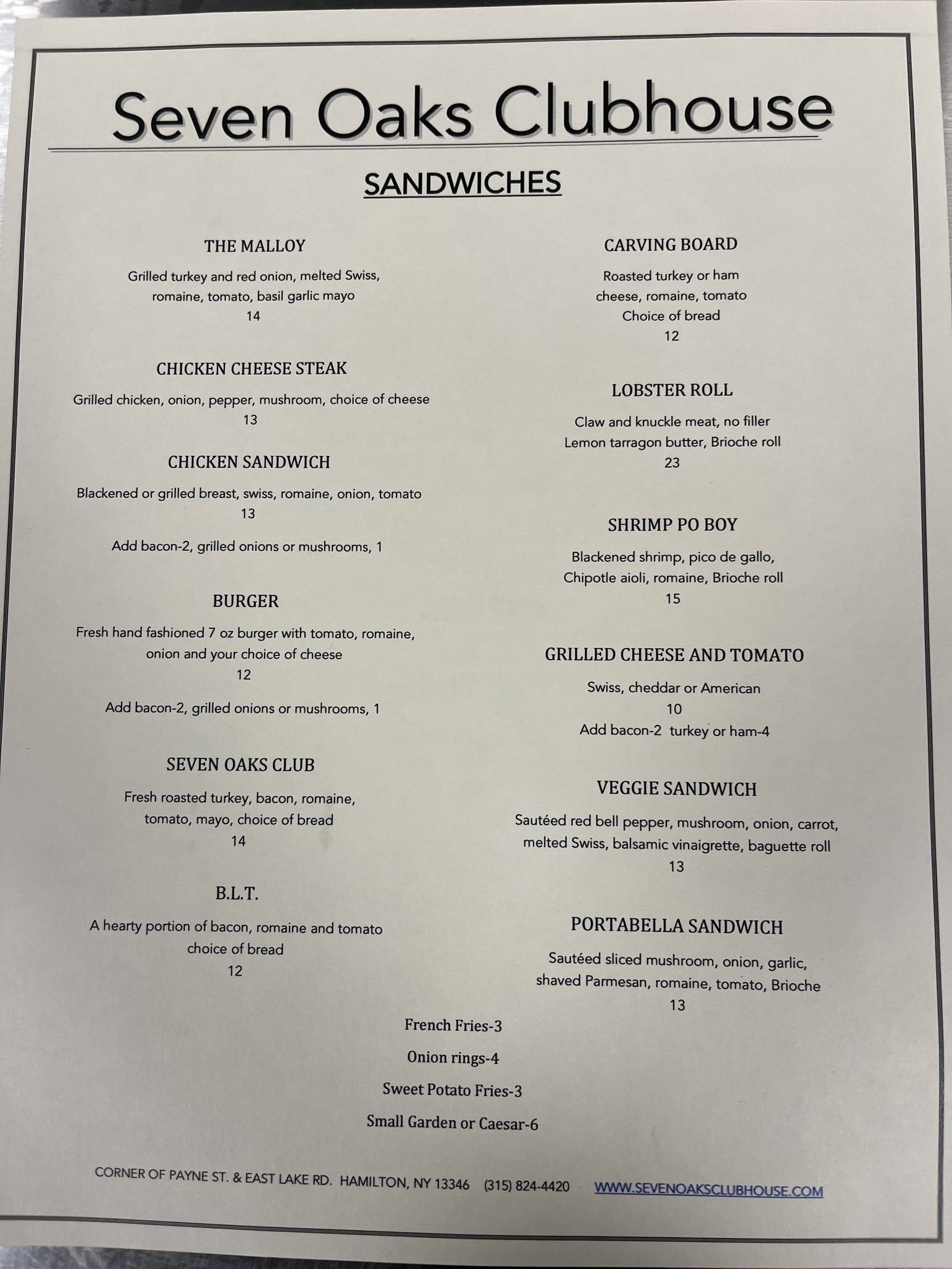Menu at Seven Oaks Restaurant, Hamilton