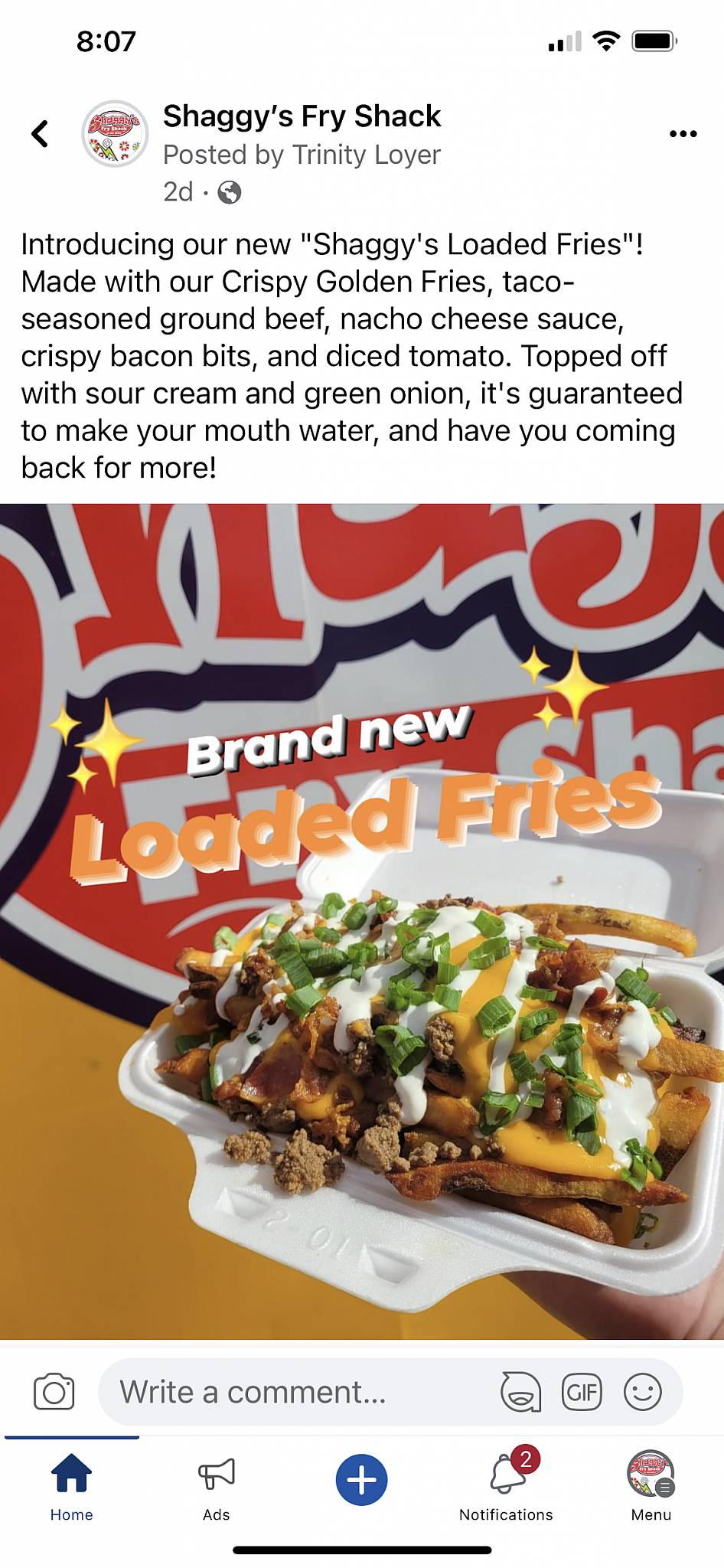 Menu at Shaggy's Fry Shack restaurant, Canada