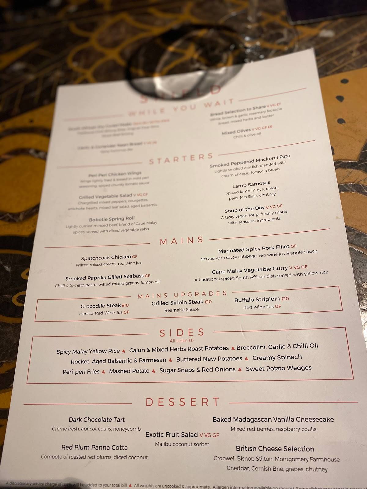 Menu at Shaka Zulu restaurant, London