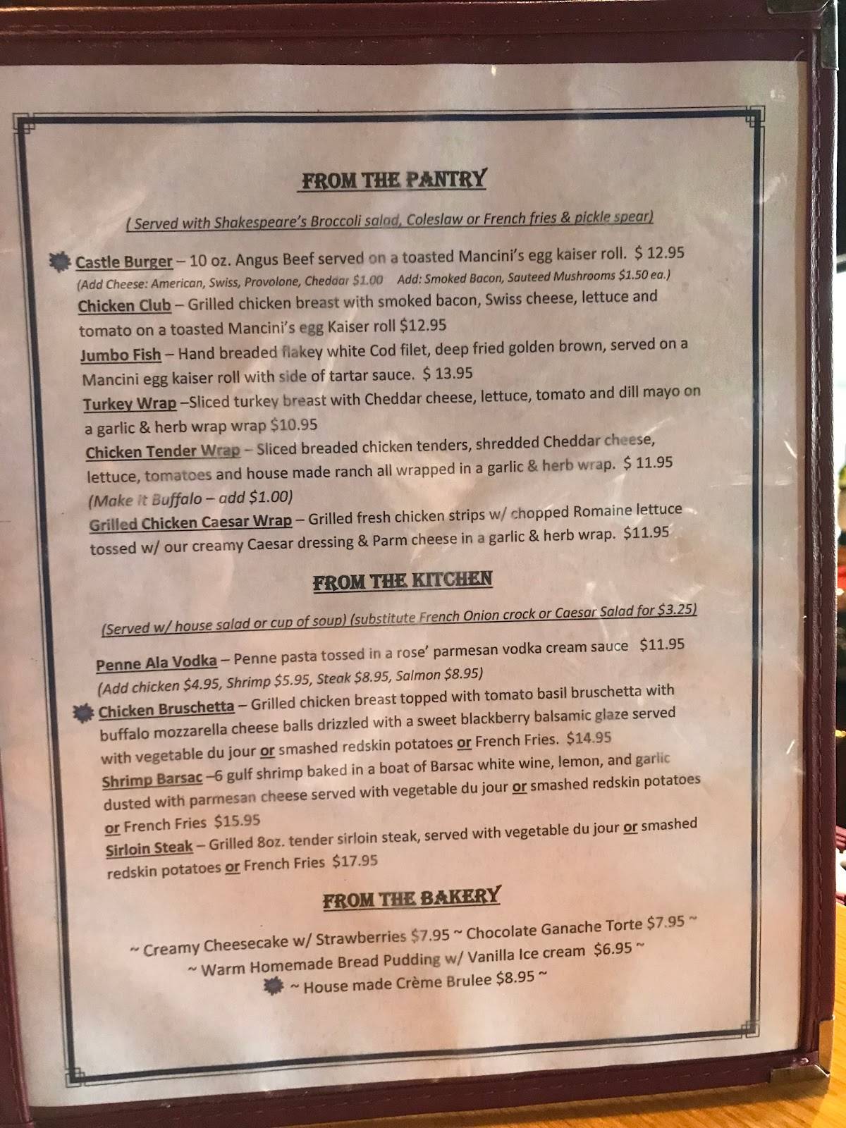 Menu at Shakespeare's Restaurant & Pub, Ellwood City