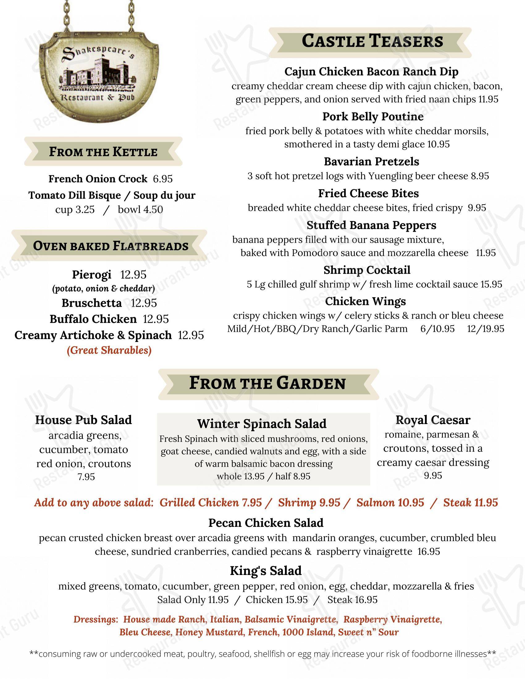 Menu at Shakespeare's Restaurant & Pub, Ellwood City