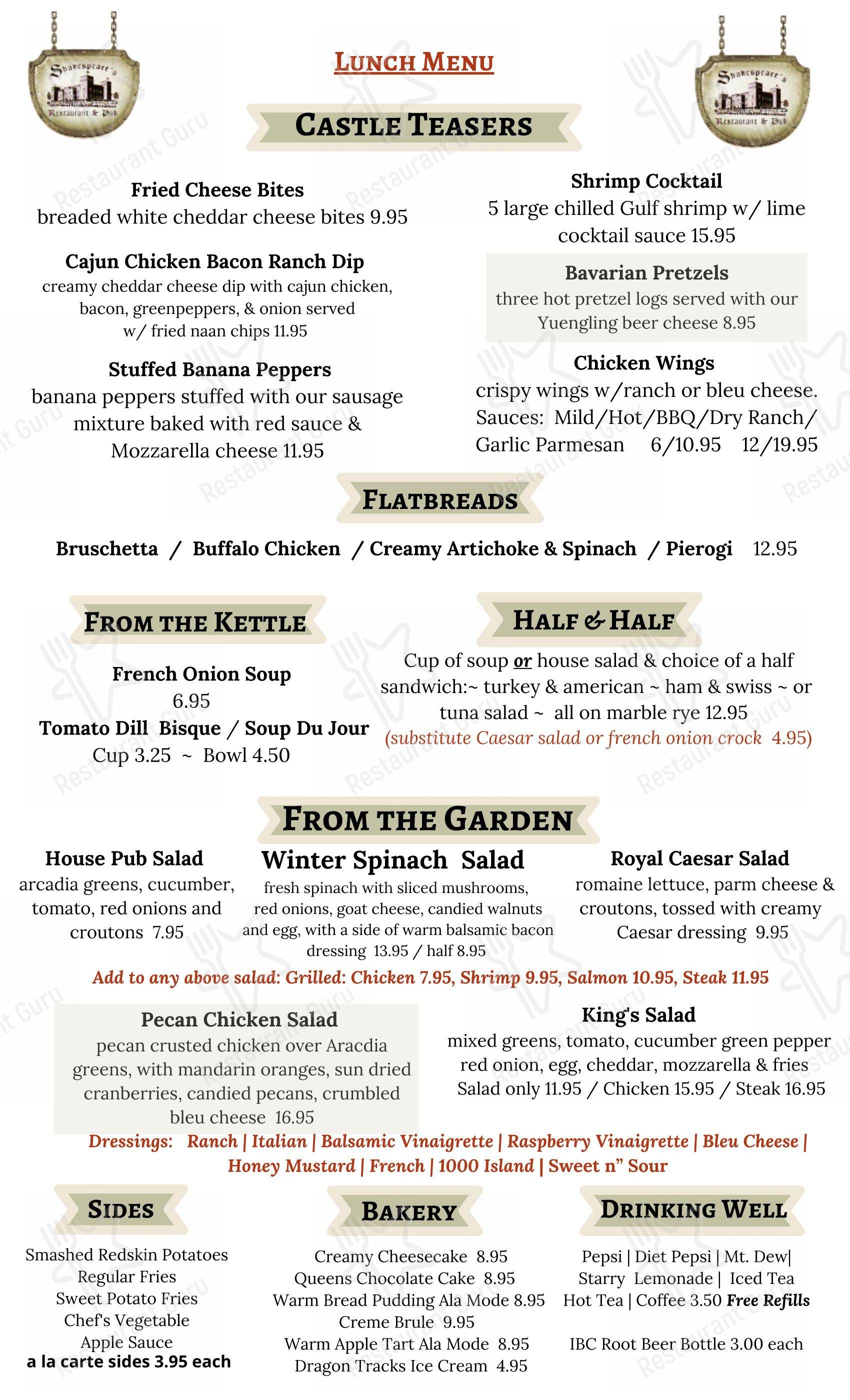 Menu at Shakespeare's Restaurant & Pub, Ellwood City