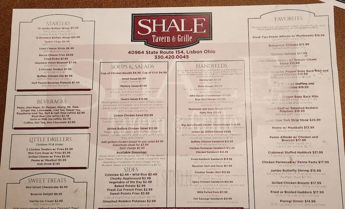 Menu at Shale Tavern & Grille restaurant, Lisbon