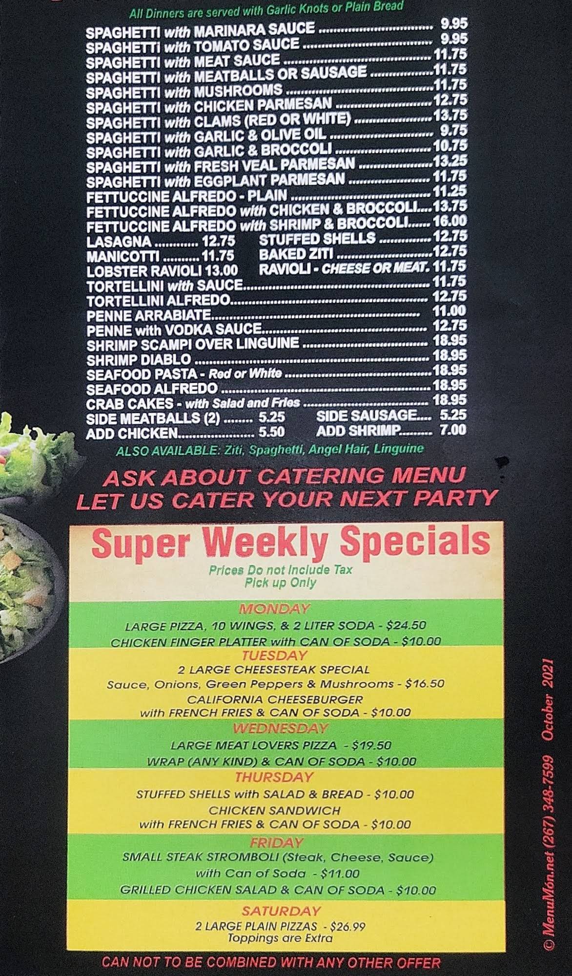 Menu at Shamokin Luna's Pizzeria, Shamokin