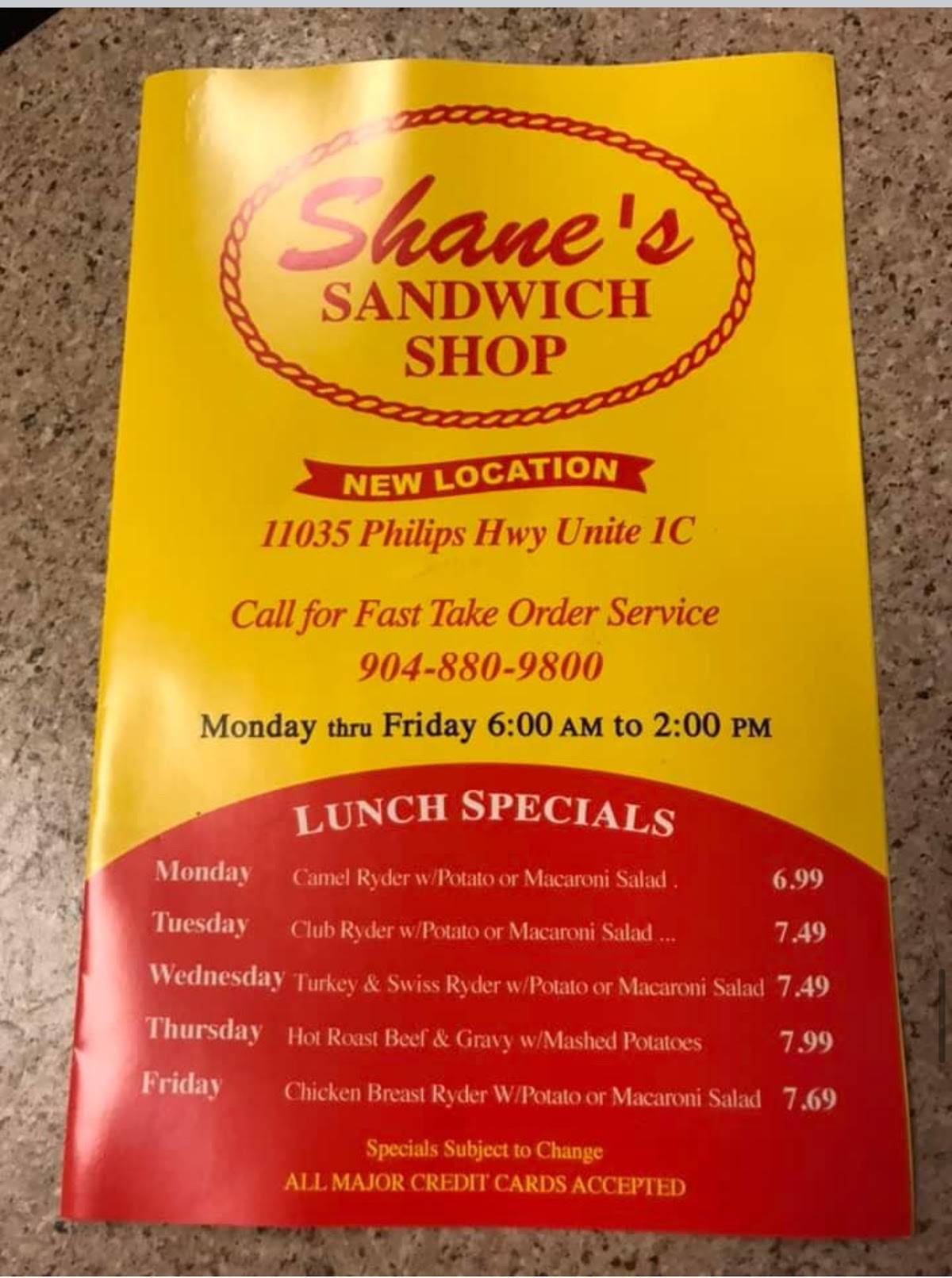 Menu at Shane's Sandwich Shop Inc restaurant, Jacksonville, Philips Hwy ...