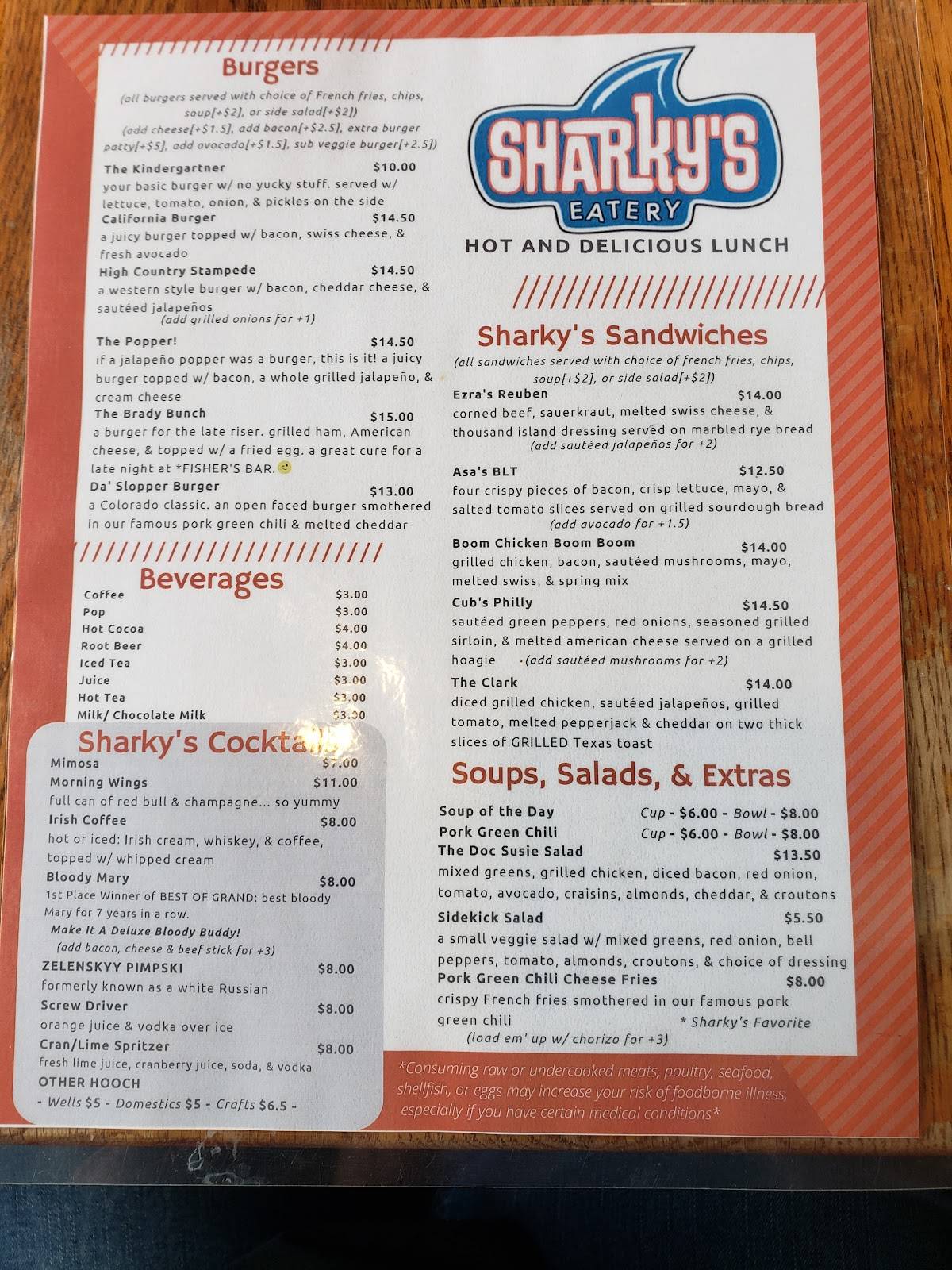 Menu at Sharky's Eatery restaurant, Fraser