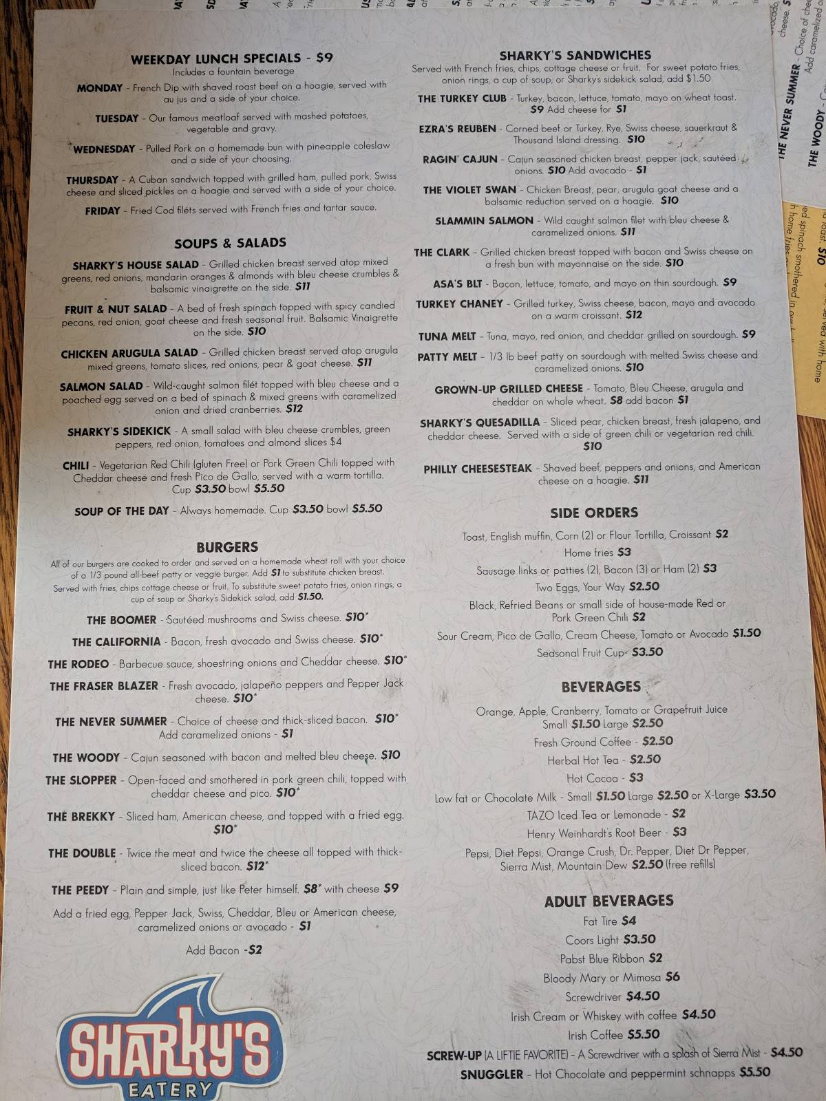 Menu at Sharky's Eatery restaurant, Fraser