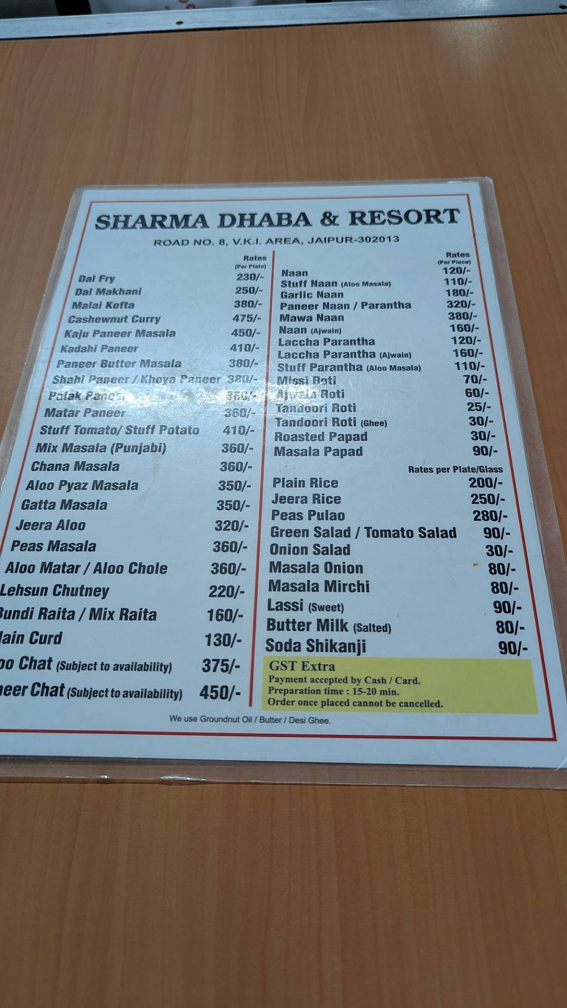 Menu at Sharma Dhaba, Jaipur, Rd Number 8