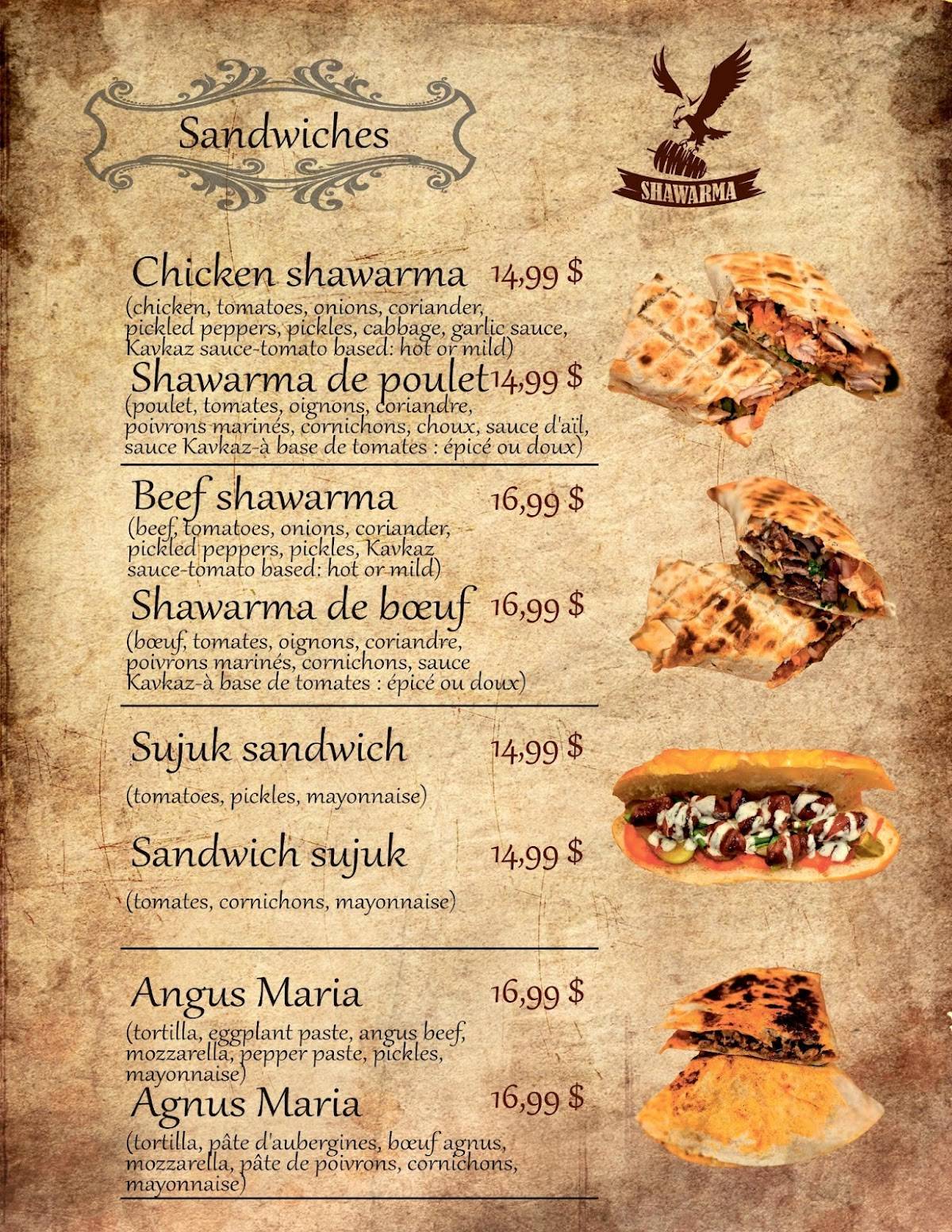 Menu at Shawarma by Kavkaz restaurant, Montréal