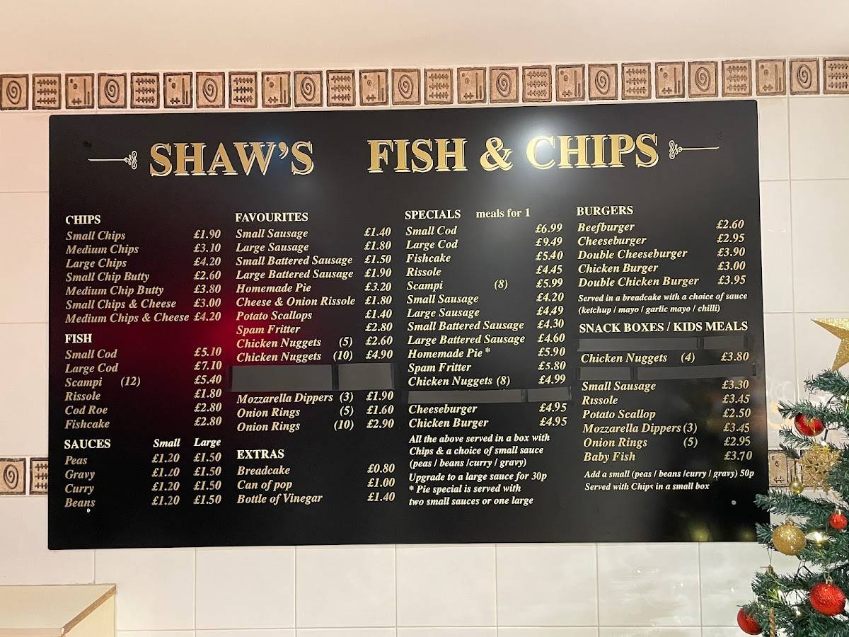 Menu at Shaw’s Fish & Chips restaurant, Sheffield