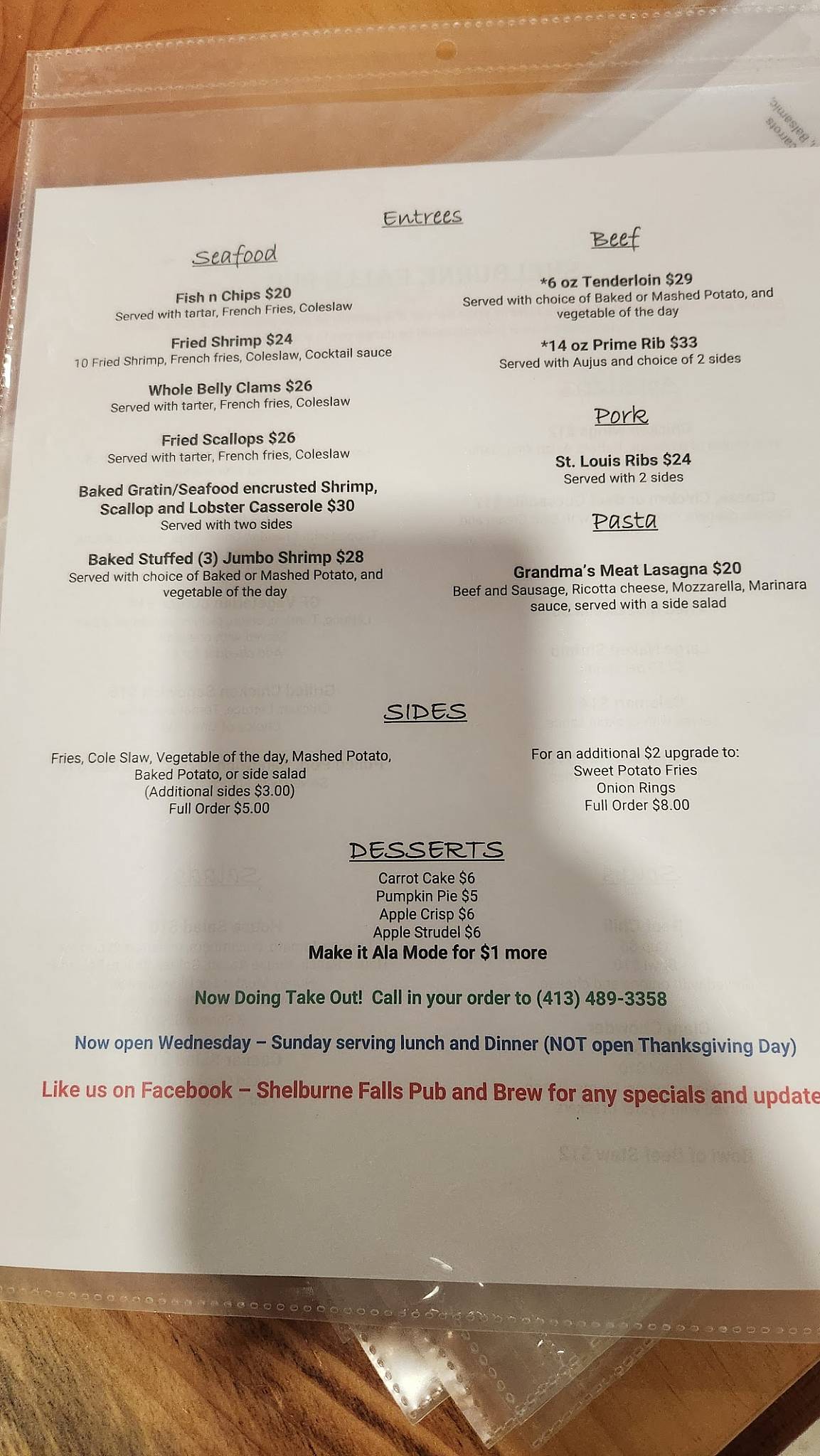 Menu at Shelburne Falls Pub at the Sweetheart, Shelburne Falls
